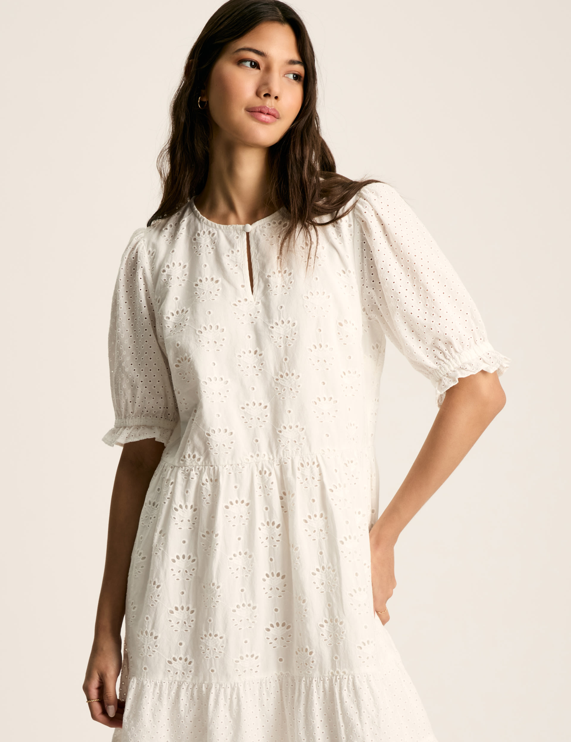 Pure Cotton Broderie Knee Length Tiered Dress | Joules | M&S