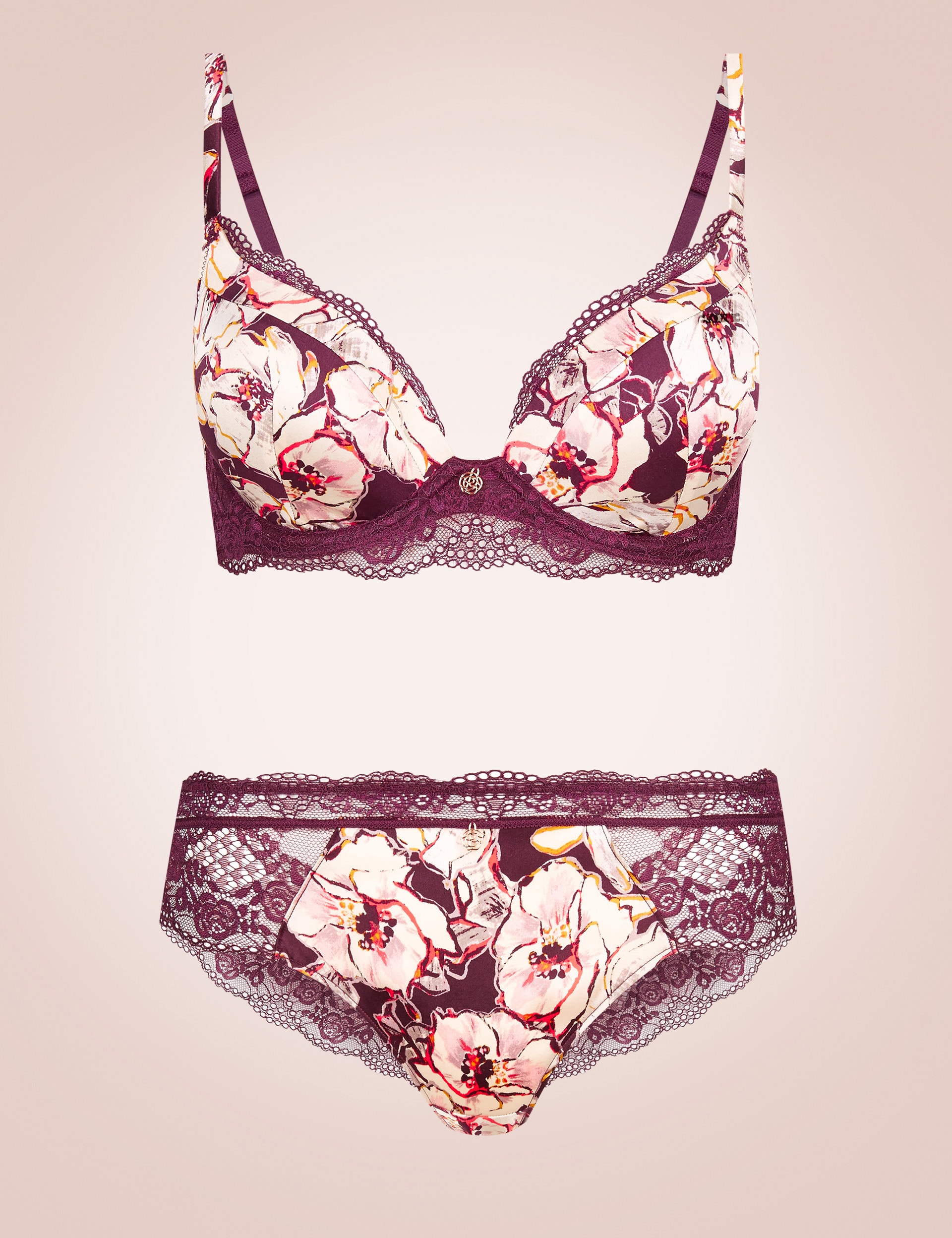 Silk & Lace Floral Print Set with Padded Plunge A-E | M&S