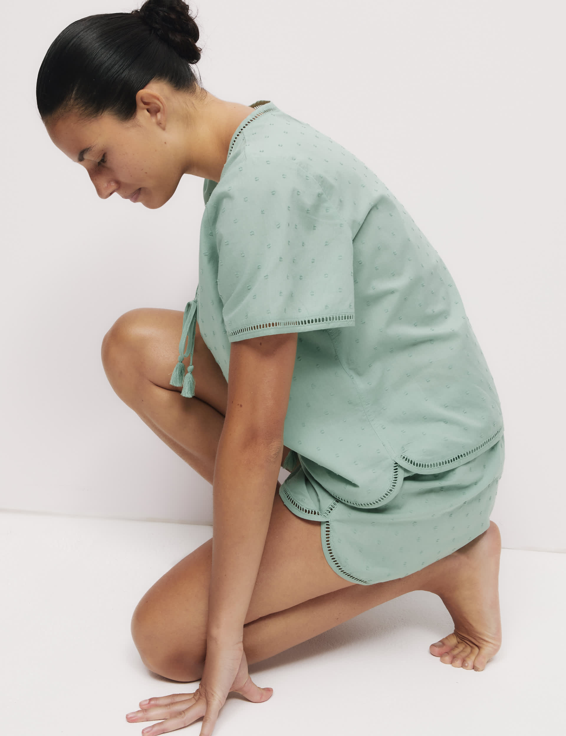 Pure Cotton Dobby Tie Front Pyjama Top Set | M&S