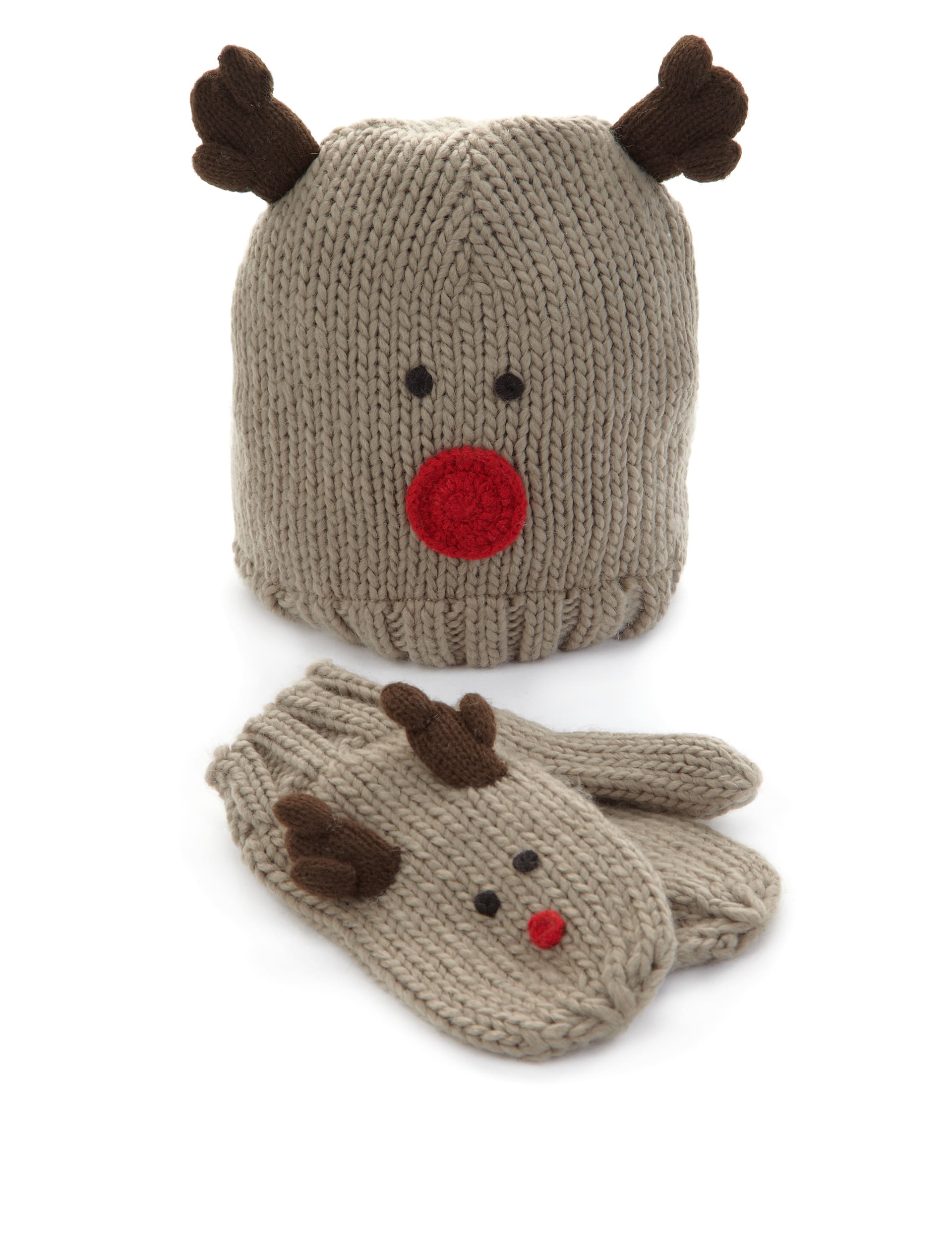 2 Piece Reindeer Knitted Hat & Mittens Set | M&S