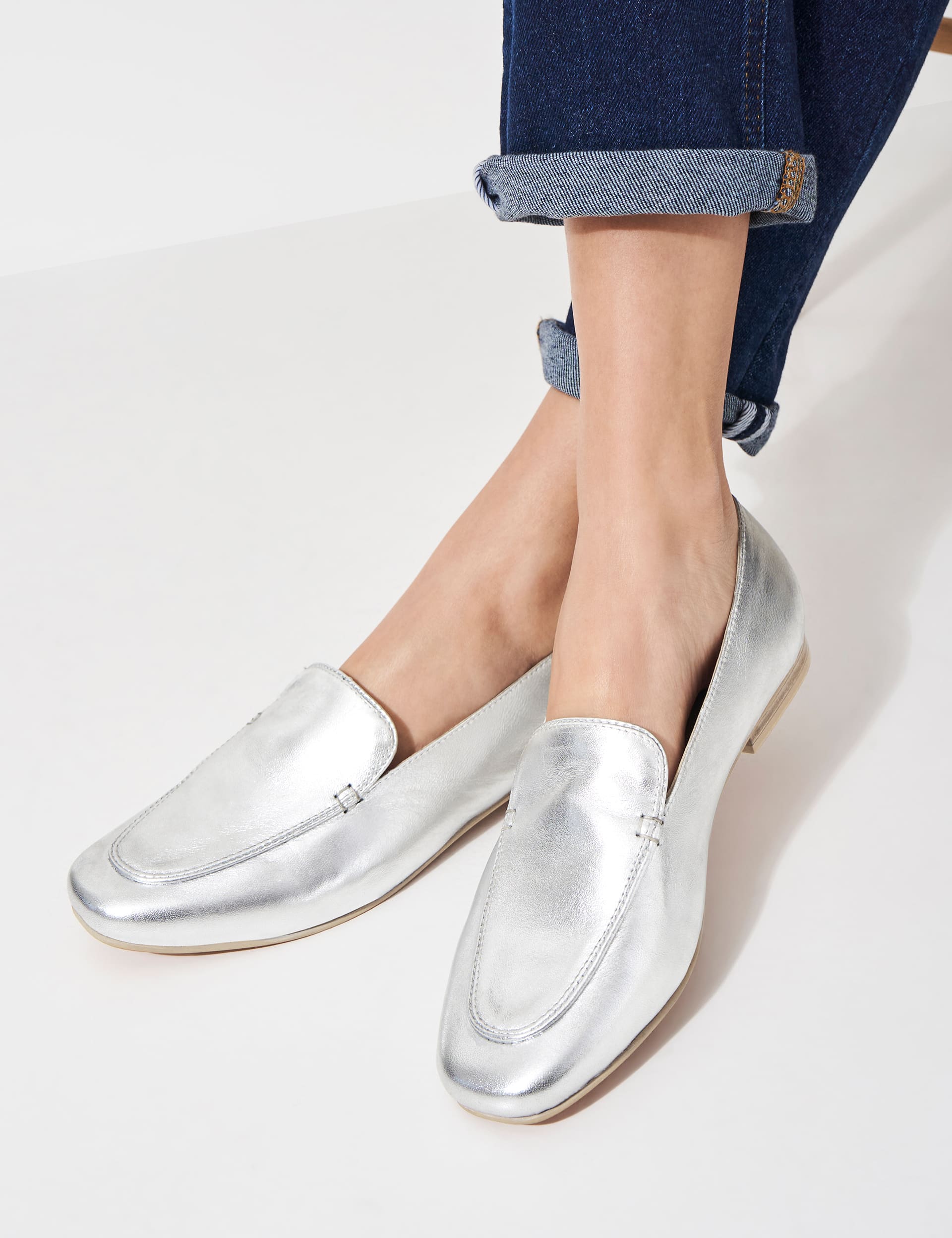 Leather Metallic Flat Loafers | Crew Clothing | M&S