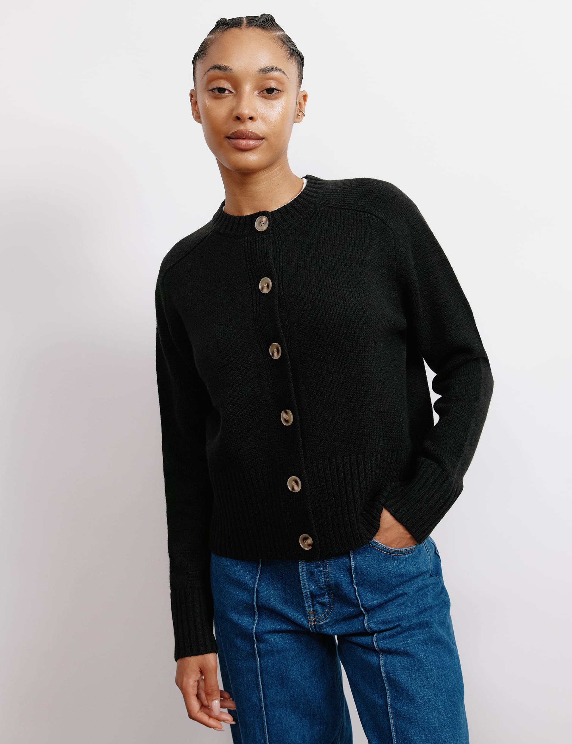 Crew Neck Button Through Cardigan with Wool | Albaray | M&S