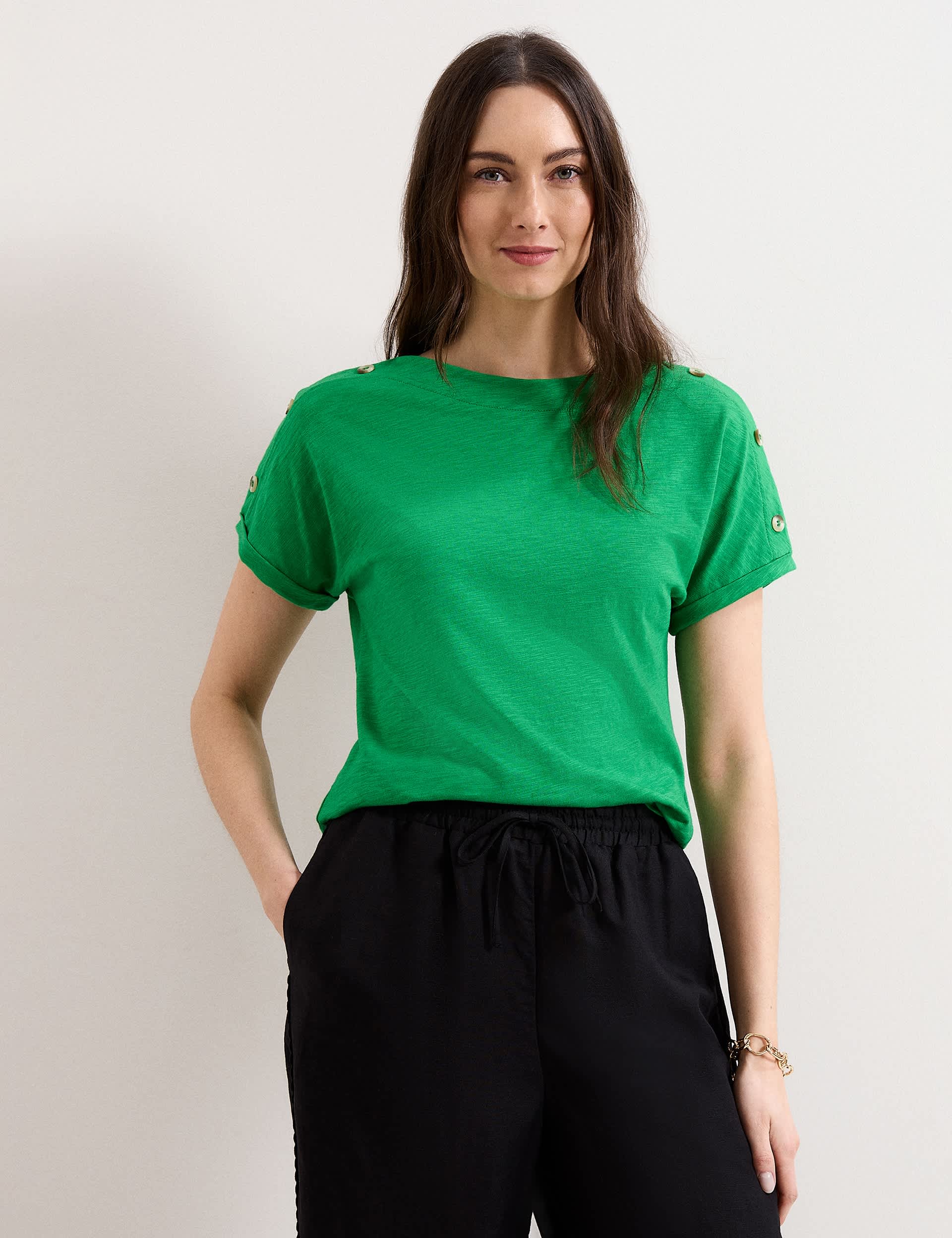 Pure Cotton Slash Neck Button Detail T-Shirt | Phase Eight | M&S