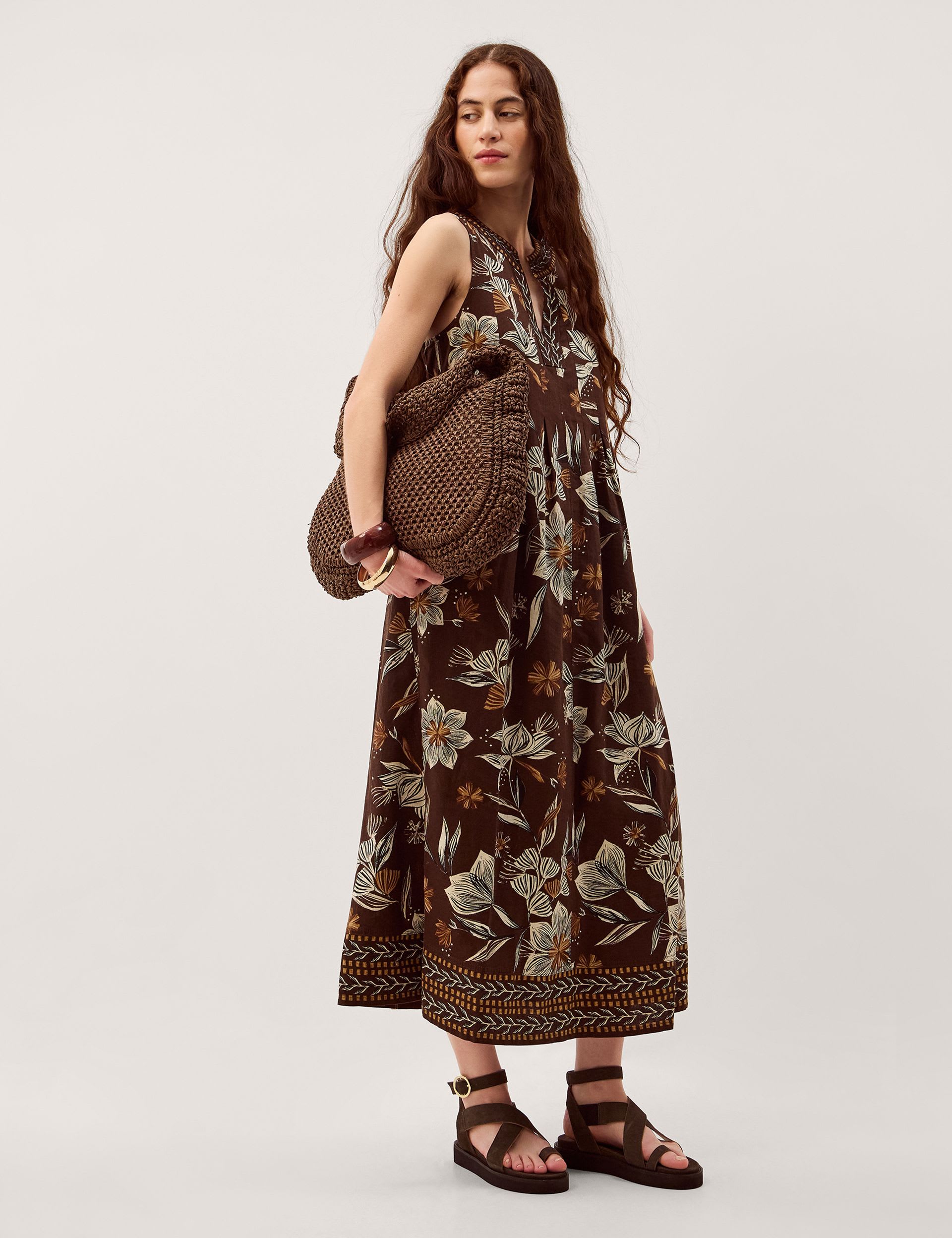 Linen Rich Floral V-Neck Midi Shift Dress | Monsoon | M&S