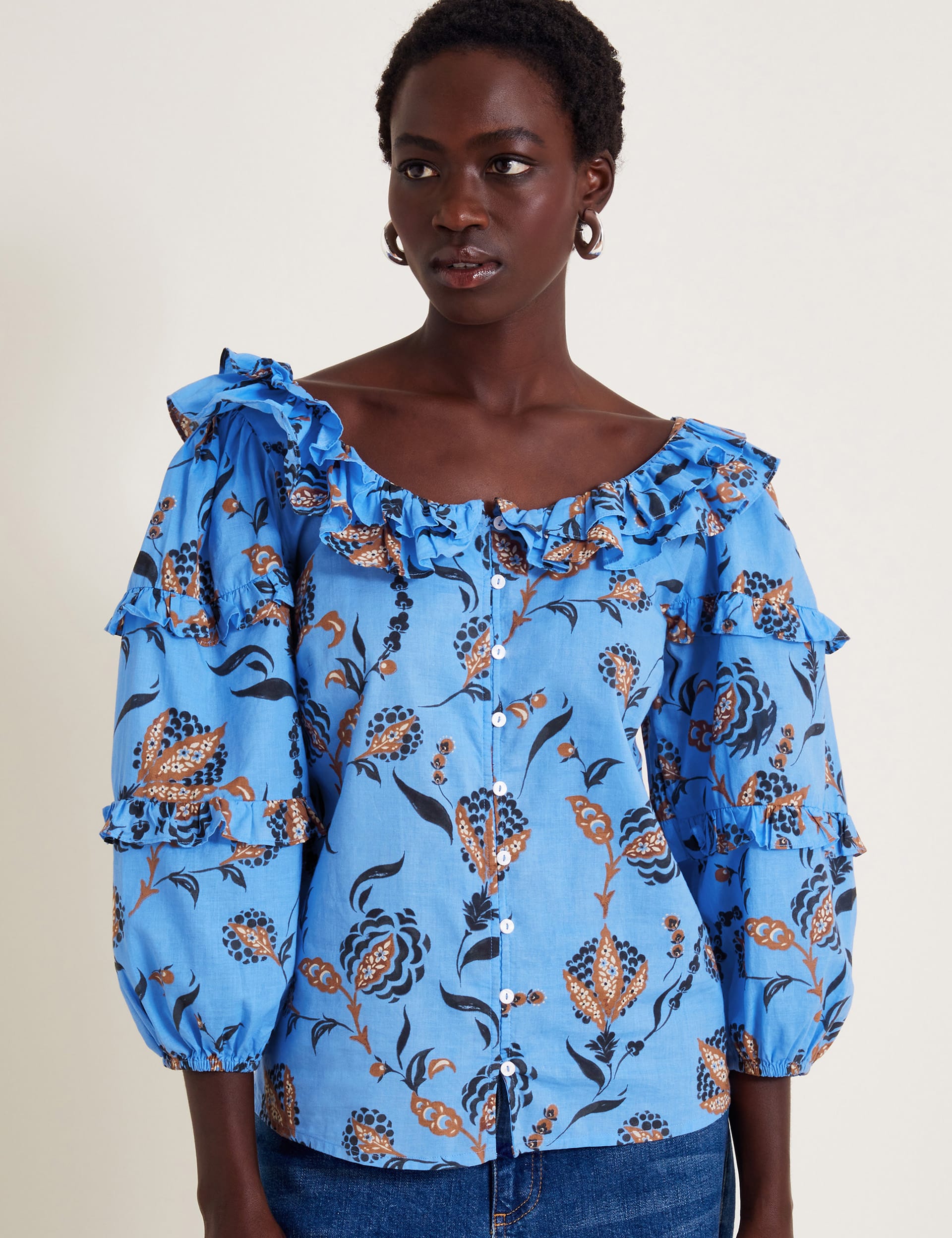 Pure Cotton Printed Frill Neck Blouse | Monsoon | M&S