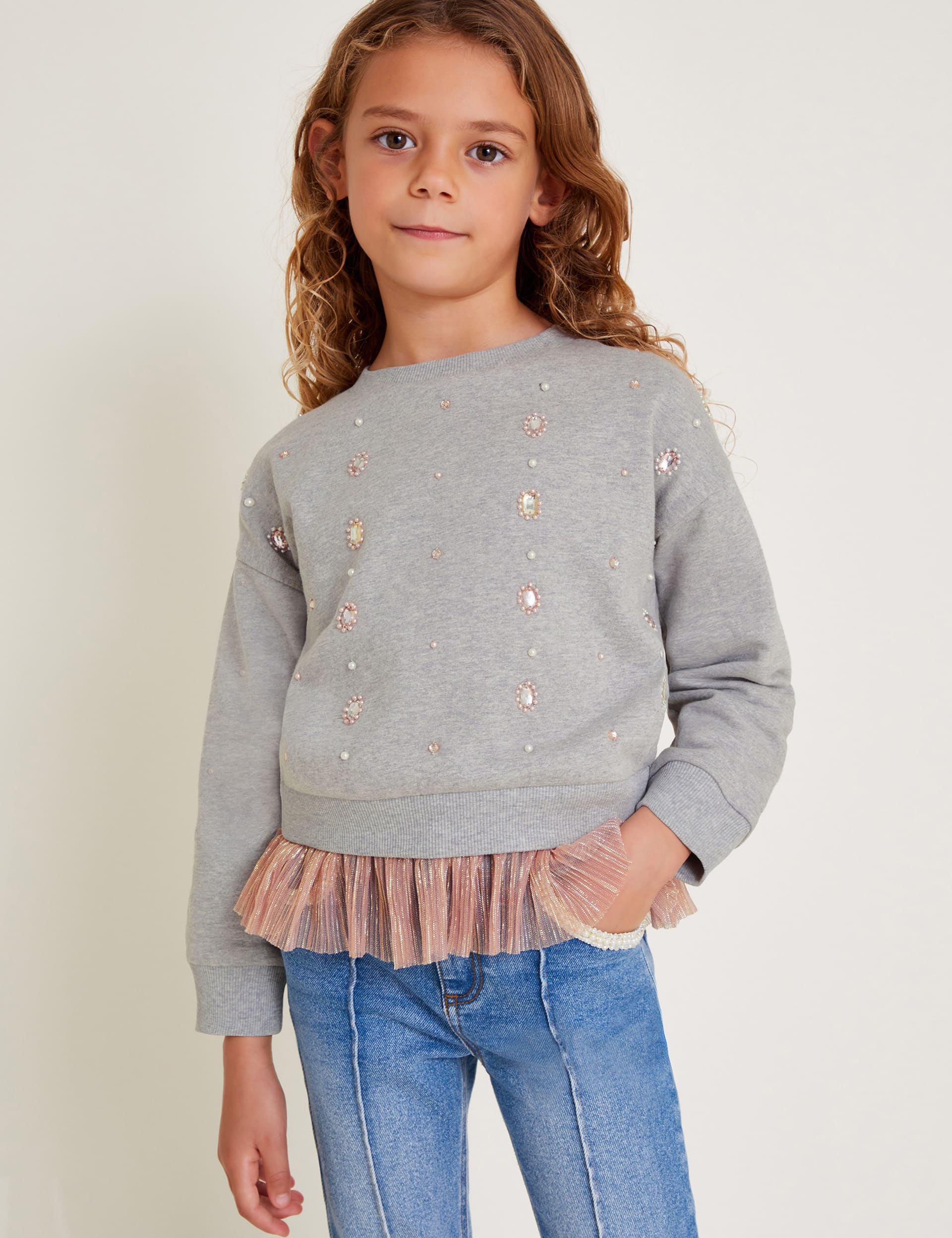Pure Cotton Beaded Tulle Trim Sweatshirt (3-15 Yrs) | Monsoon | M&S