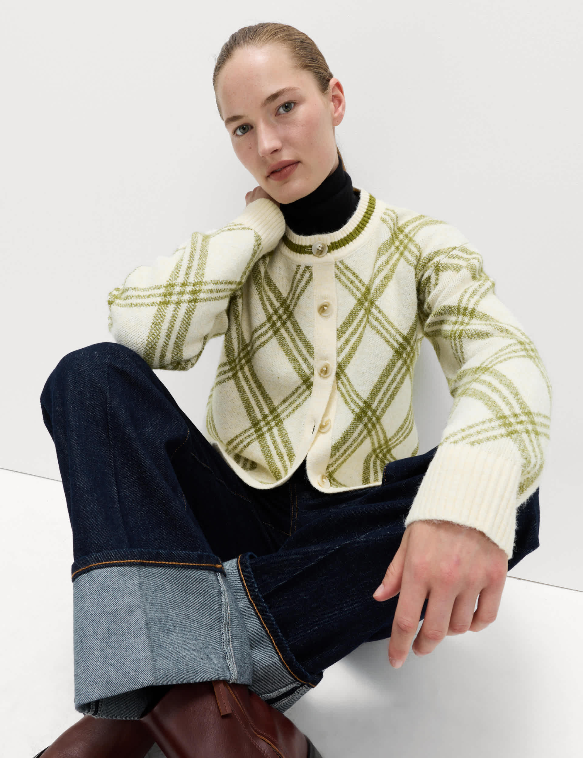 Checked Crew Neck Cardigan With Wool | M&S | M&S IE