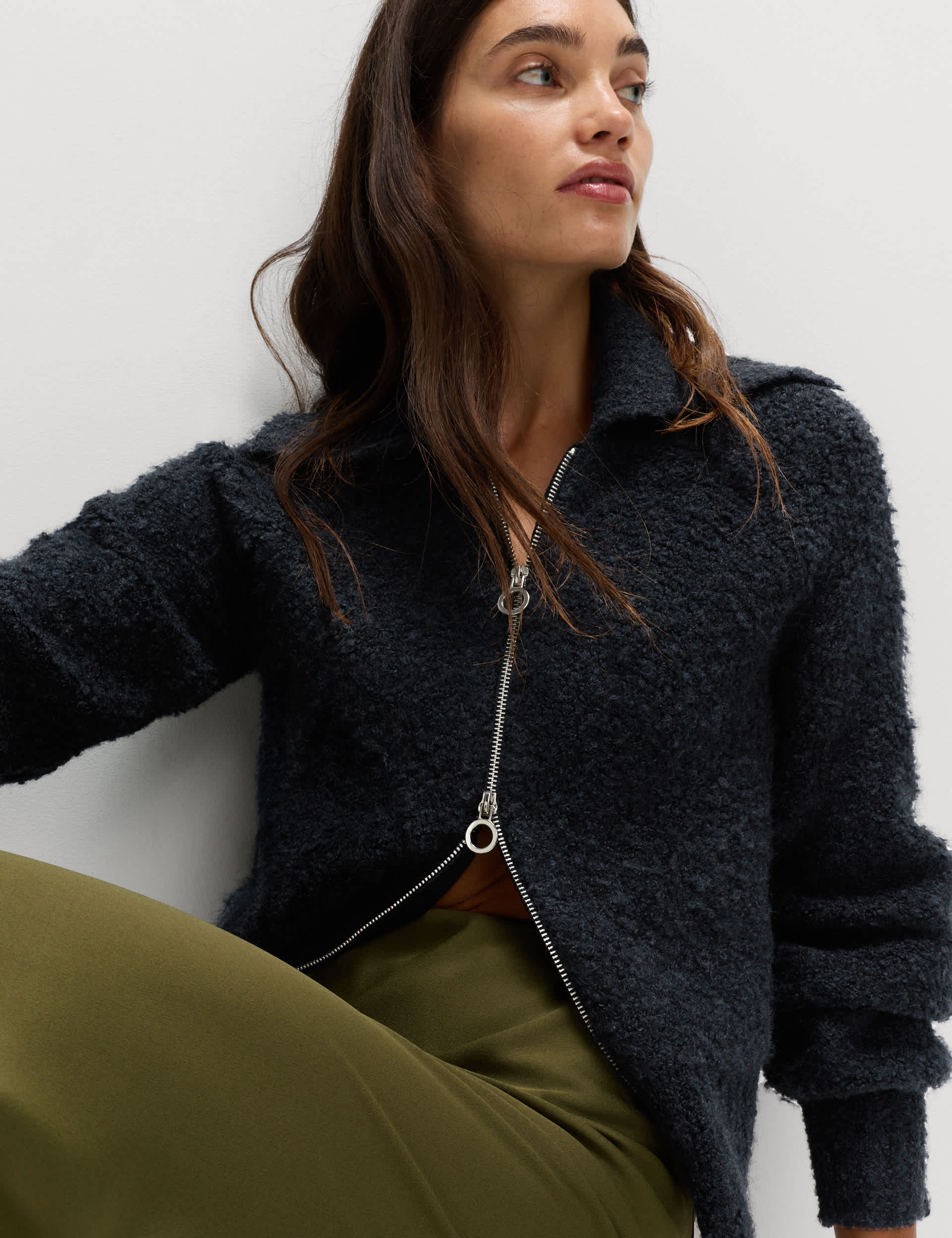 Bouclé Zip Up Collared Knitted Jacket with Wool | M&S | M&S IE