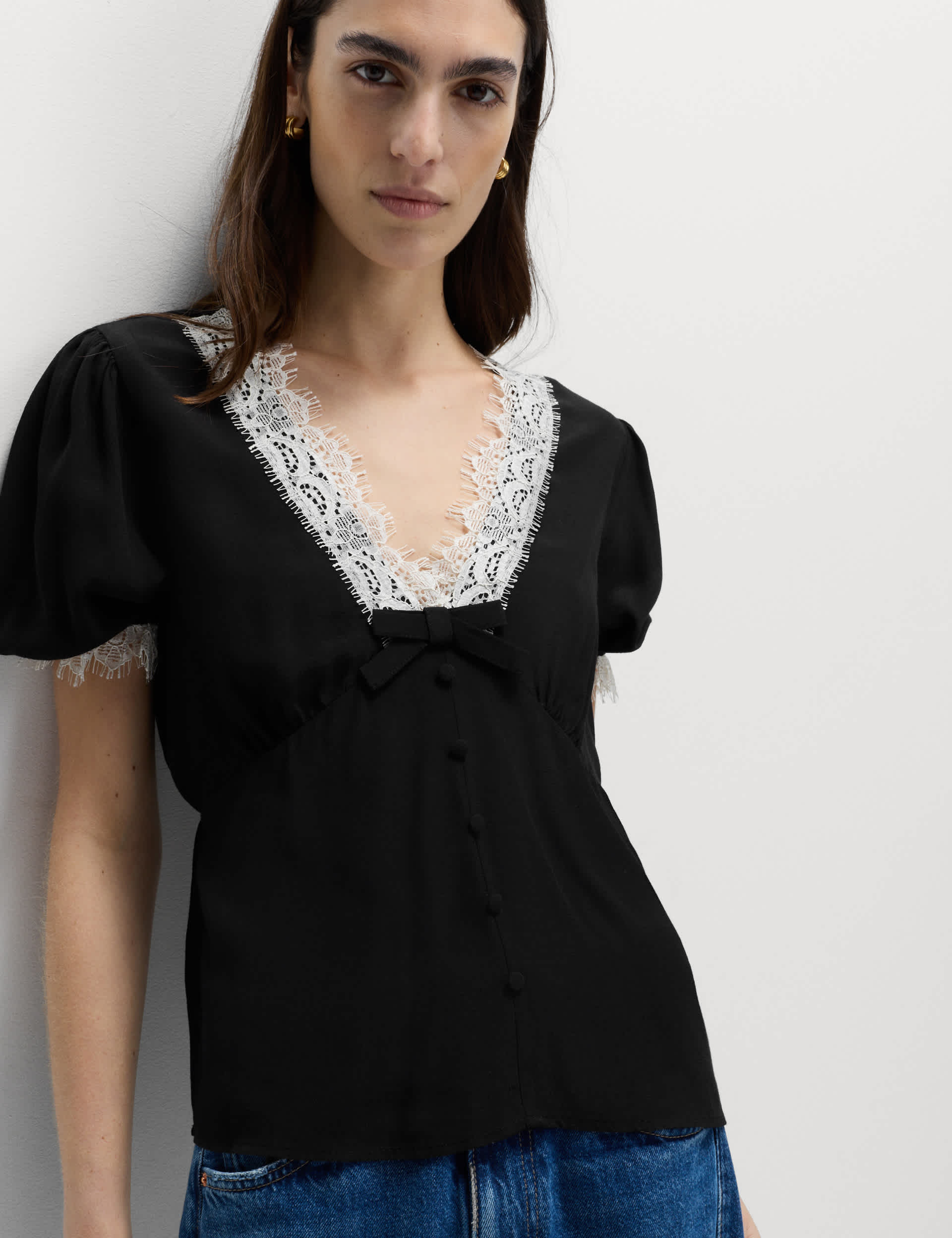 V-Neck Lace Insert Bow Detail Top | M&S | M&S