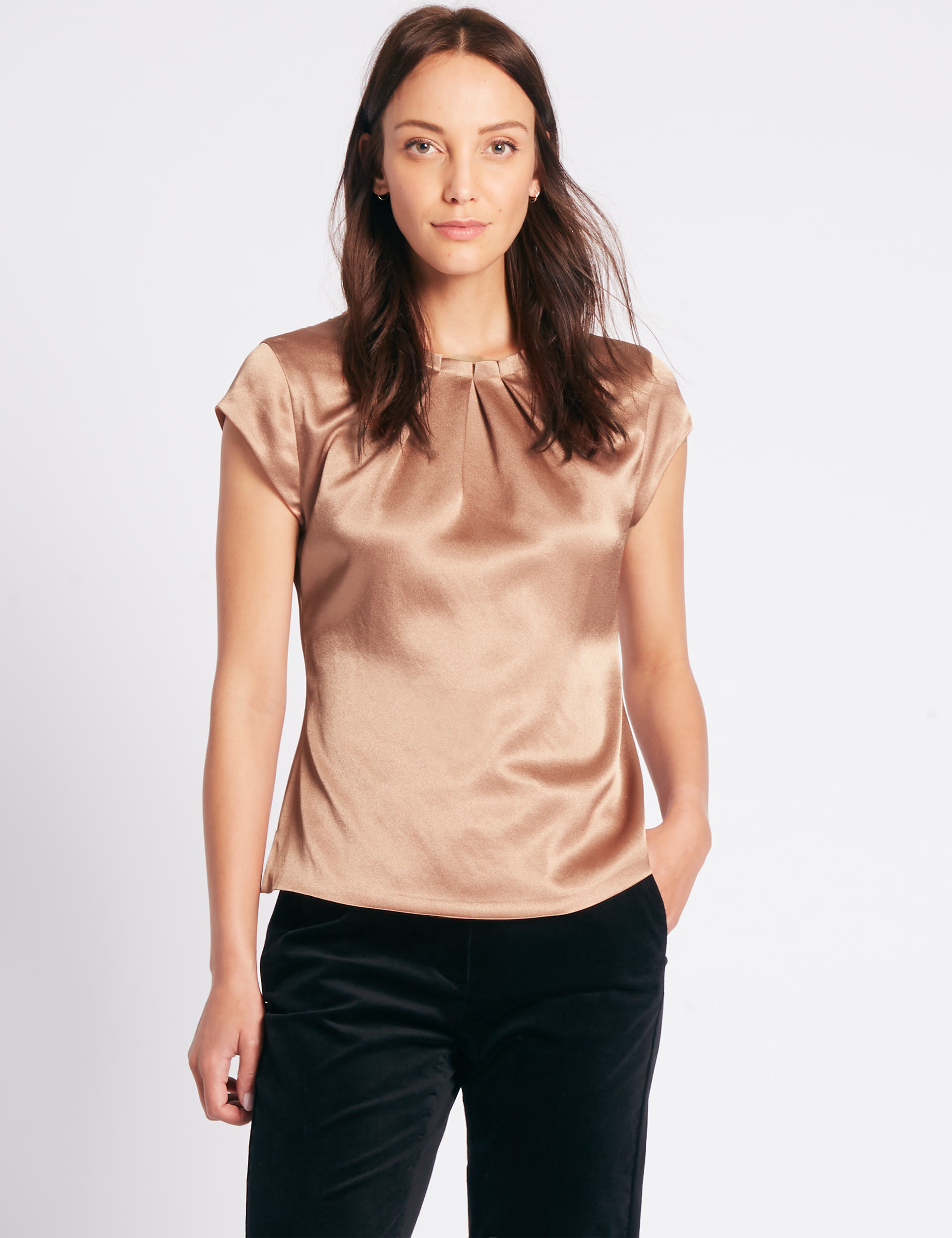 Pleat Front Satin Cap Sleeve Shell Top | M&S Collection | M&S