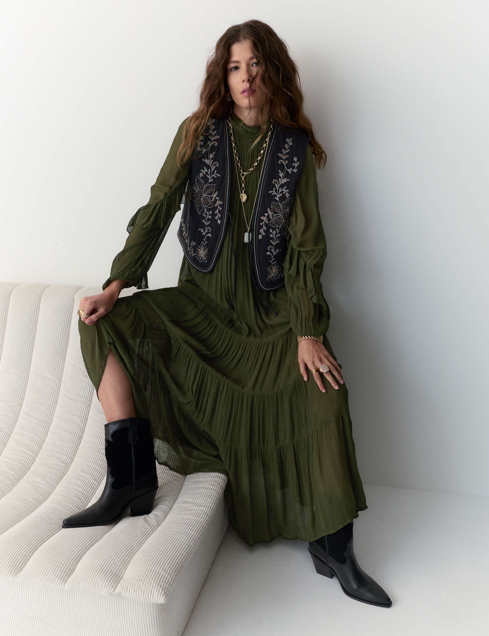 Chiffon High Neck Ruffle Midi Tiered Dress | Per Una | M&S