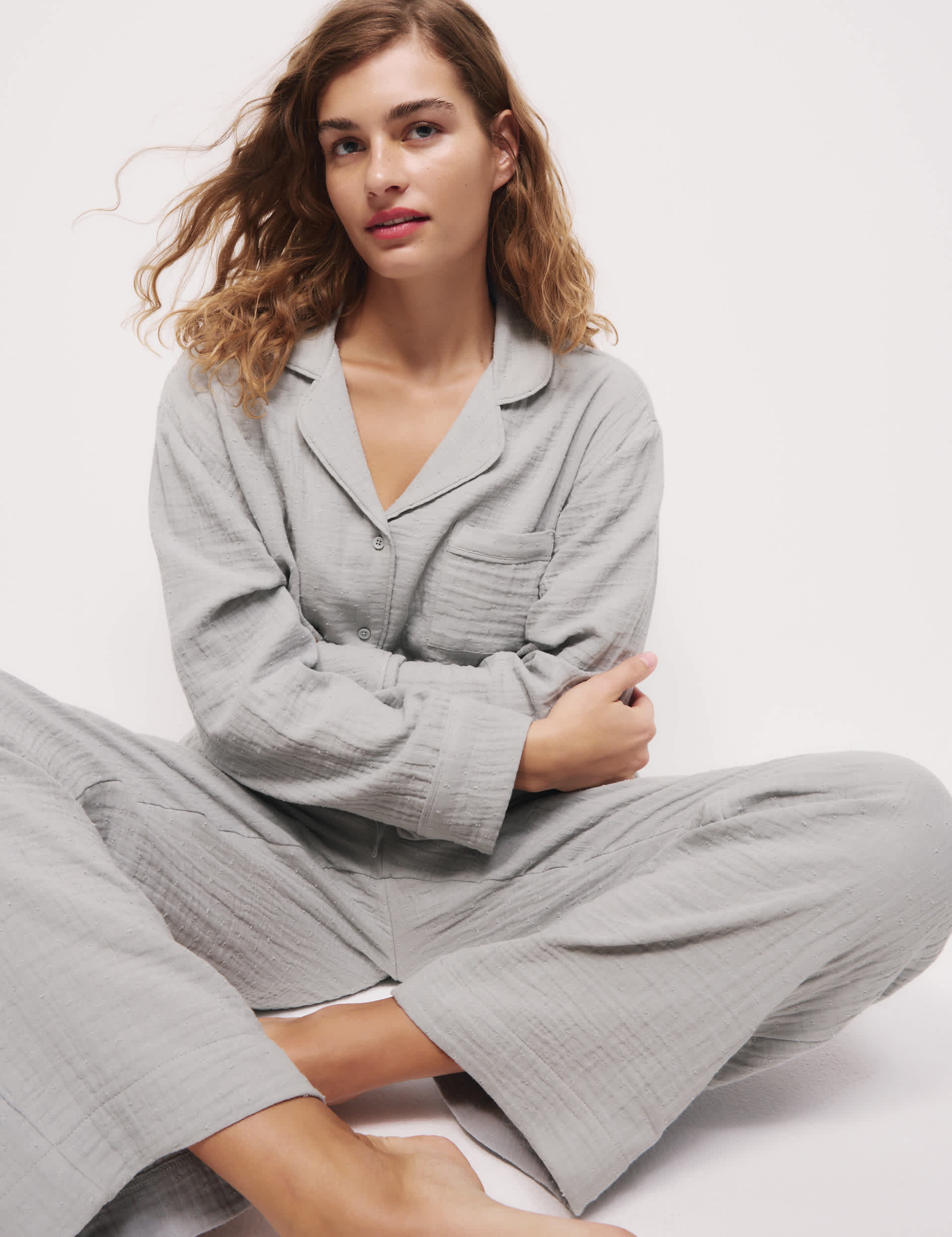 Pure Cotton Dobby Muslin Revere Pyjama Set | M&S | M&S