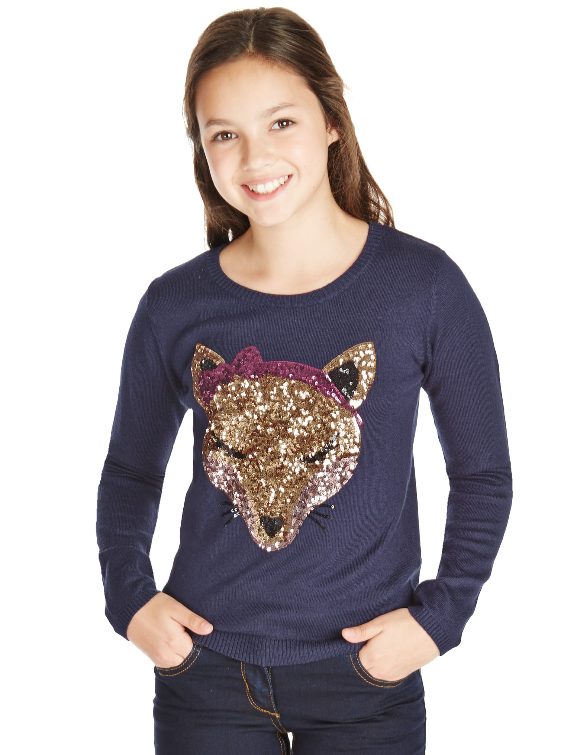 Sequin Embellished Fox Jumper with Wool (5-14 Years) | M&S