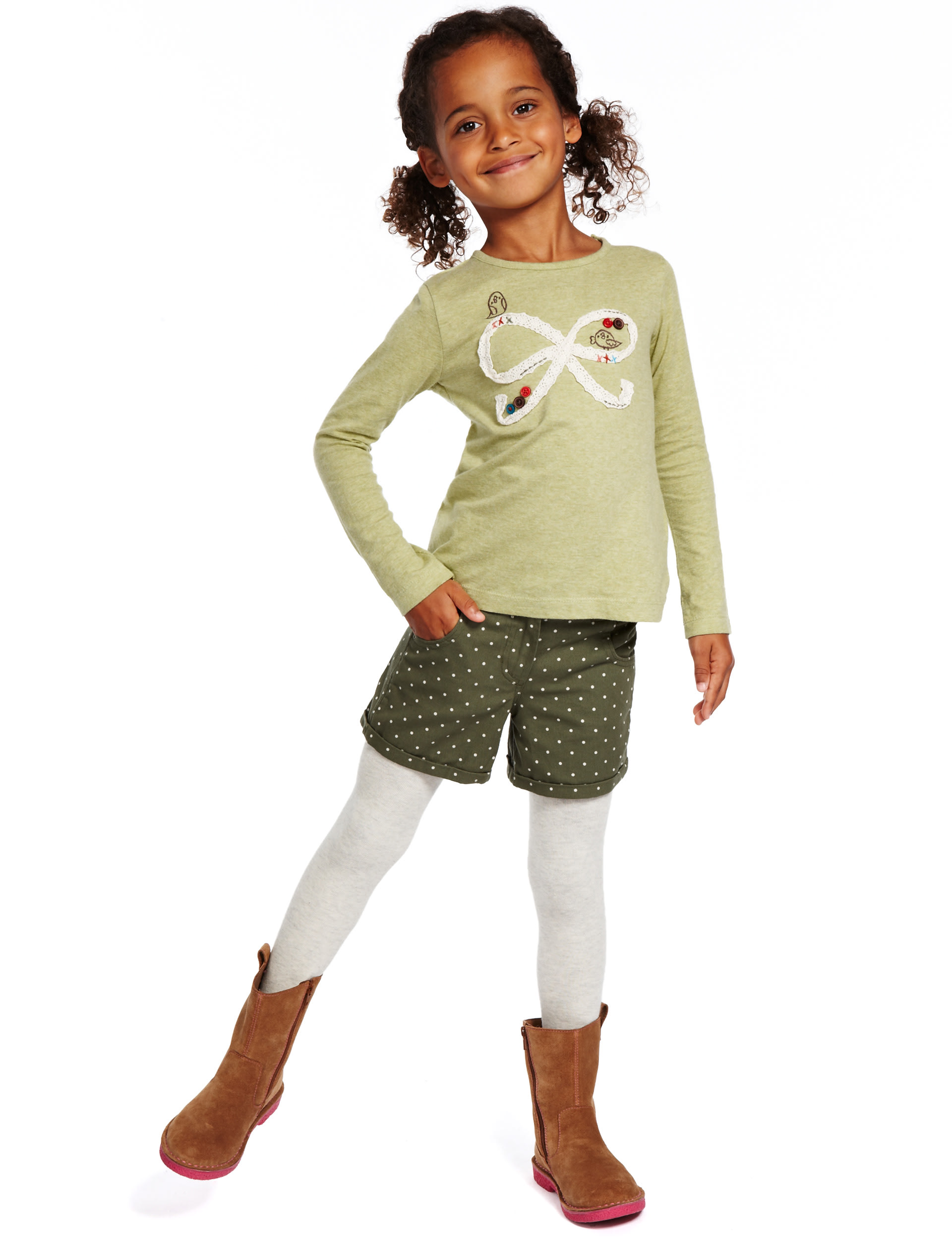 3 Piece Cotton Rich T-Shirt, Adjustable Waist Spotted Shorts & Tights ...