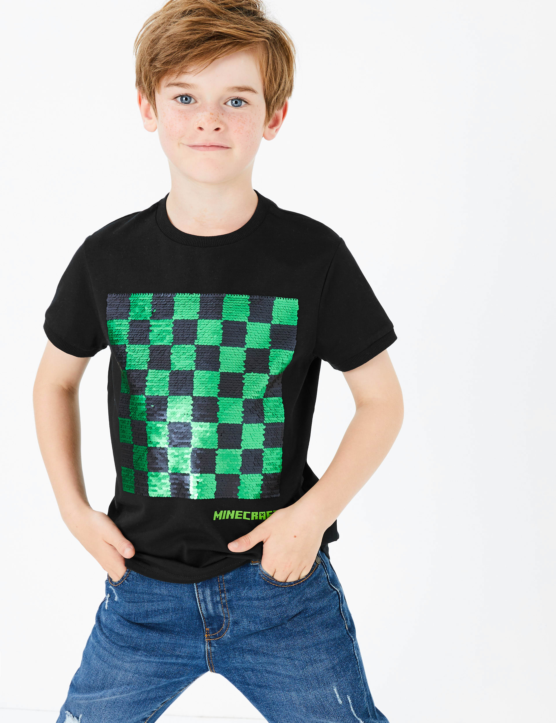 Pure Cotton Sequin Minecraft Print T-Shirt (3-16 Years) | M&S IE