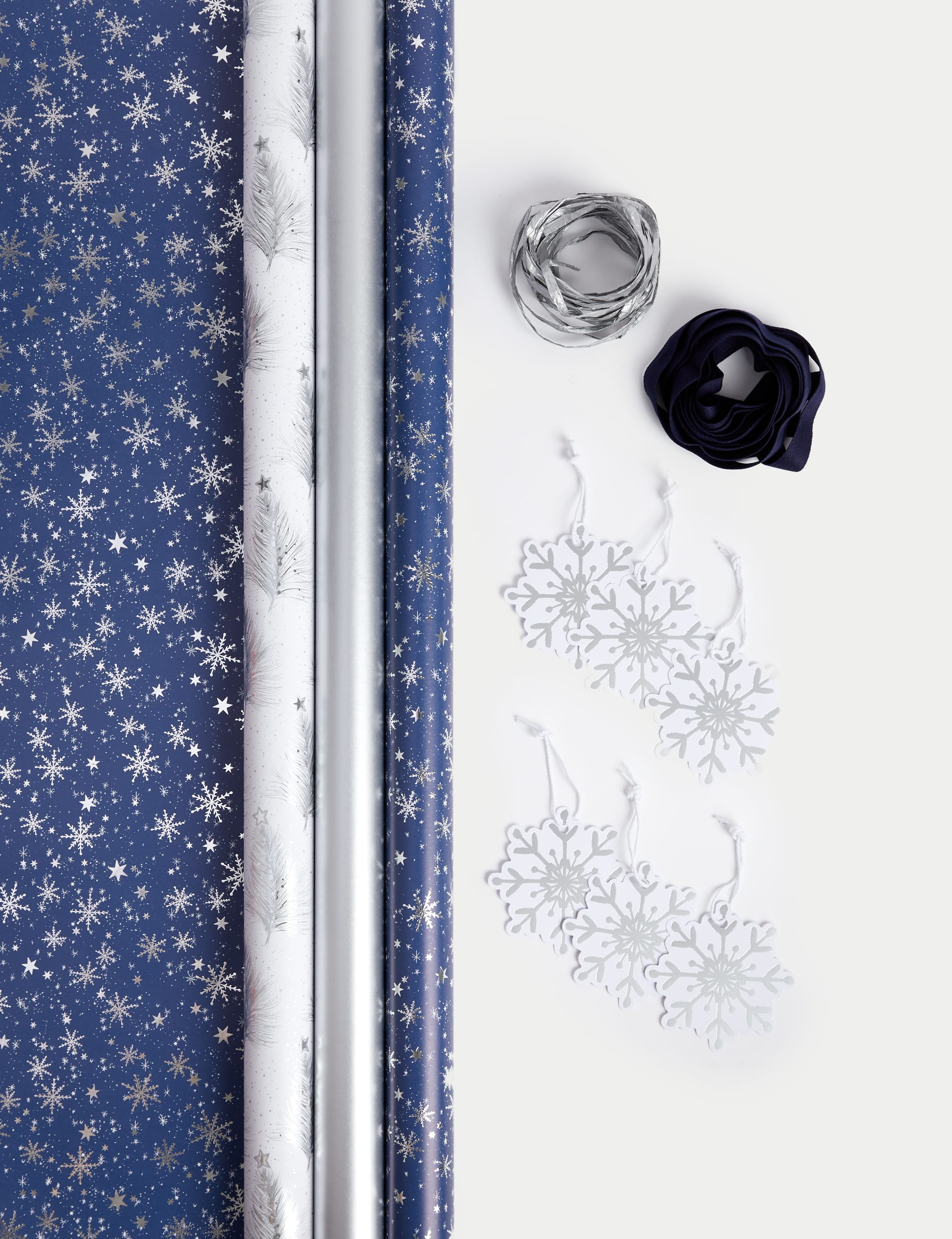 Luxury Silver & Navy 6M Christmas Gift Wrap & Accessories Pack | M&S