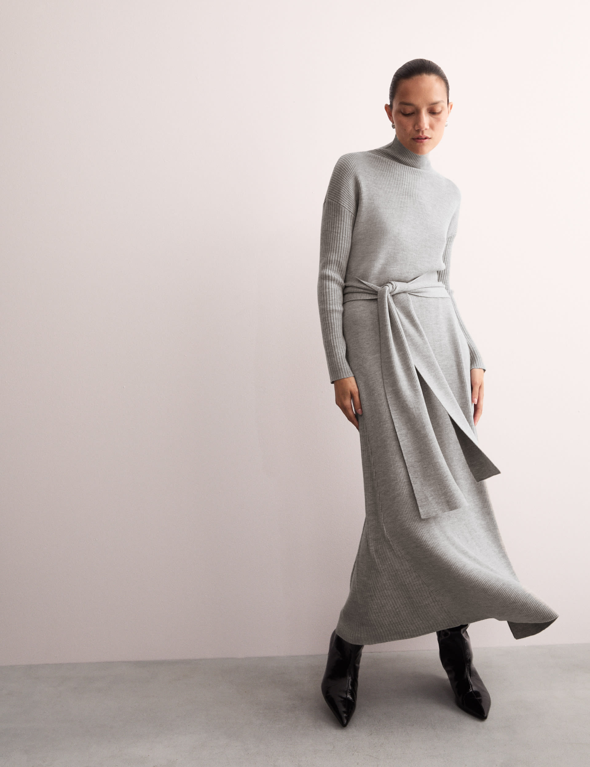 Pure Merino Wool Knitted Funnel Neck Dress | JAEGER | M&S