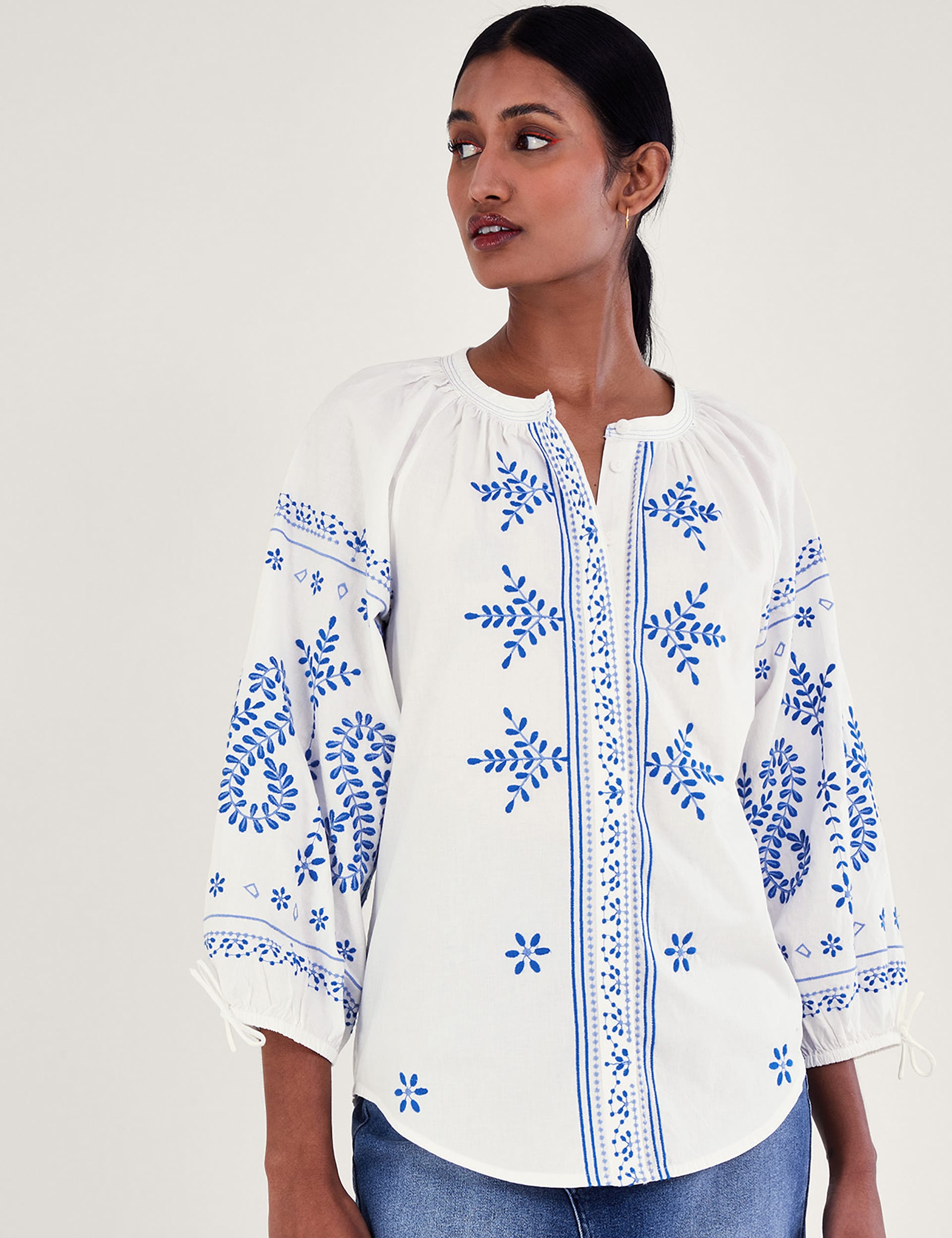 Pure Cotton Embroidered Blouson Sleeve Top | Monsoon | M&S
