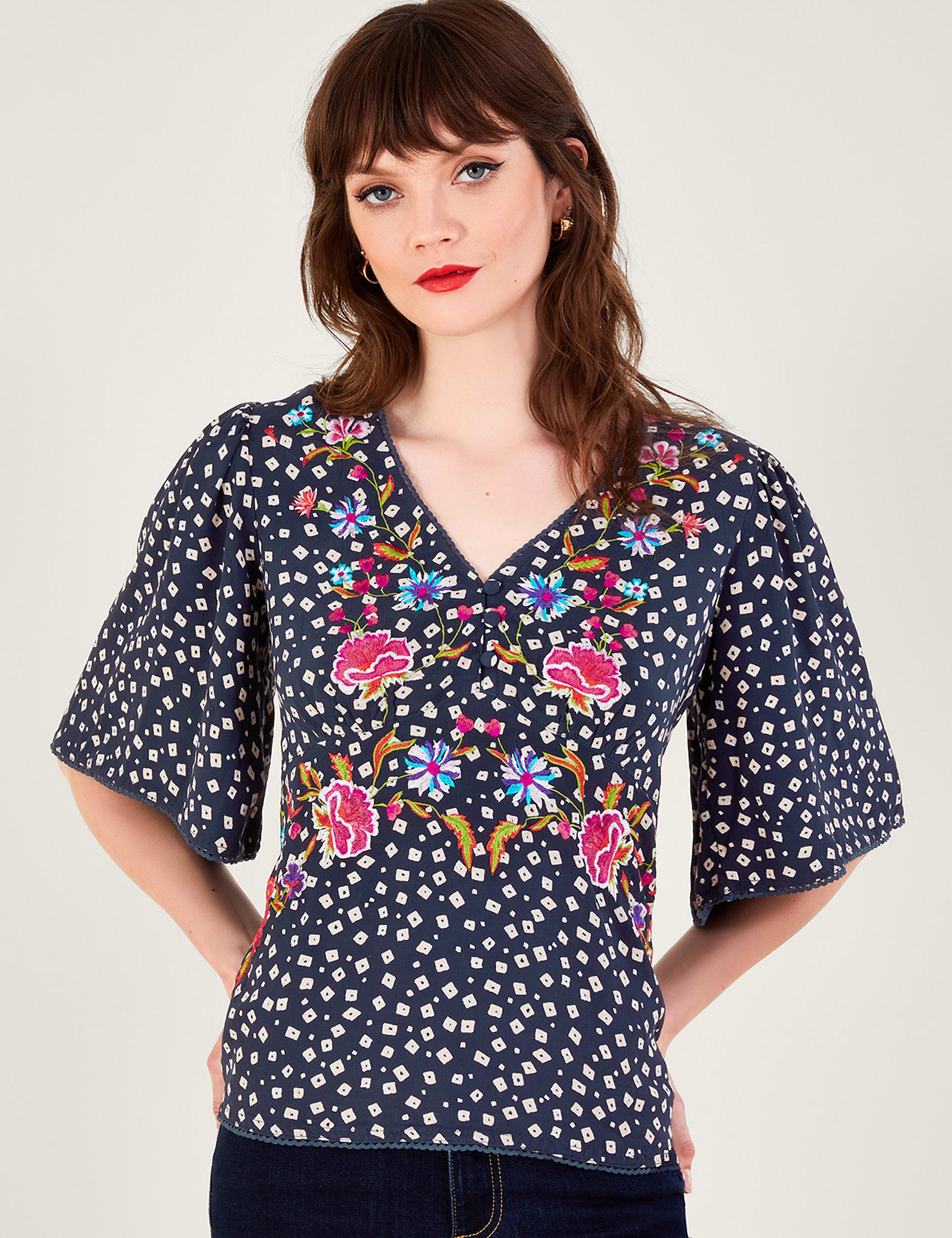 Crepe Printed Embroidered Angel Sleeve Top | Monsoon | M&S