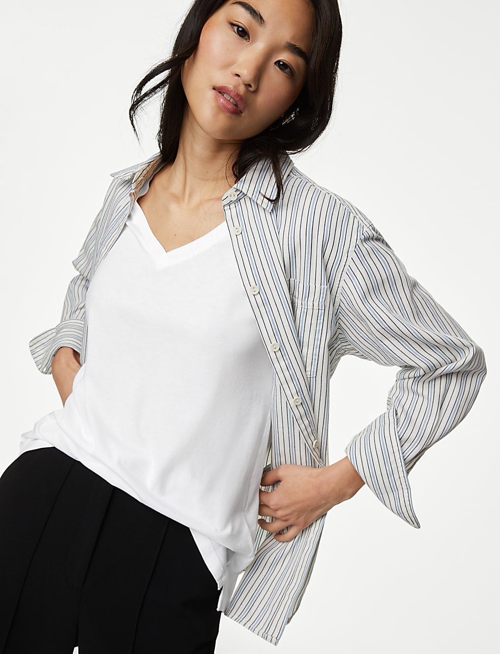 Buy Cotton Rich V-Neck Relaxed Longline T-Shirt at Marks & Spencer