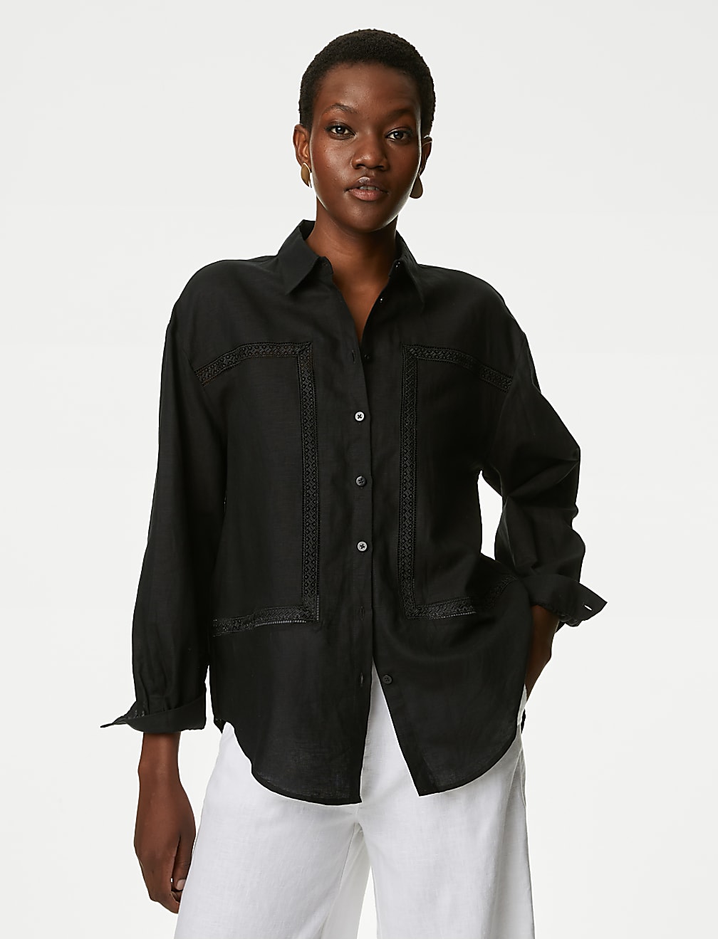 Buy Linen Rich Collared Lace Insert Shirt at Marks & Spencer