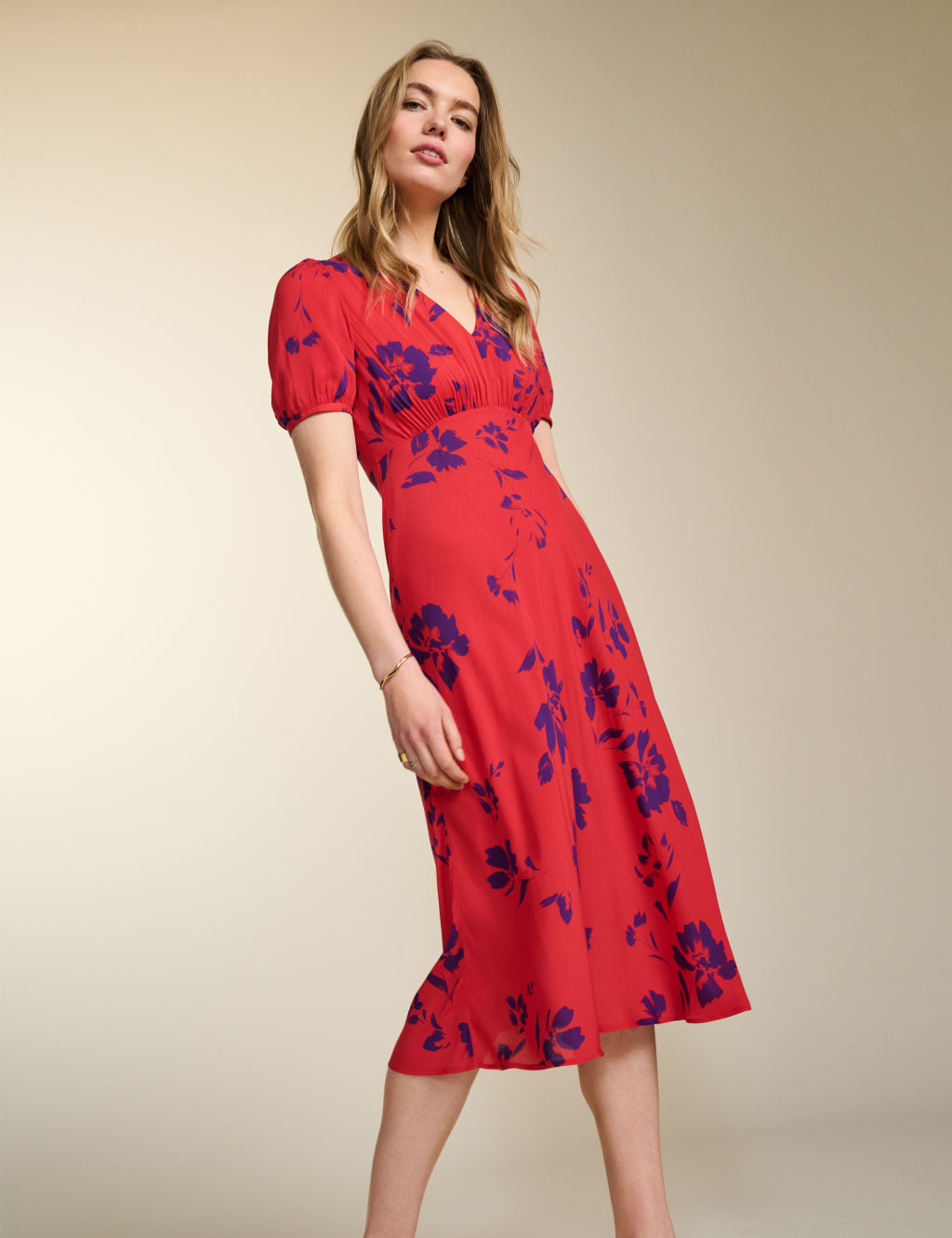 Floral V Neck Midi Skater Dress Baukjen Mands