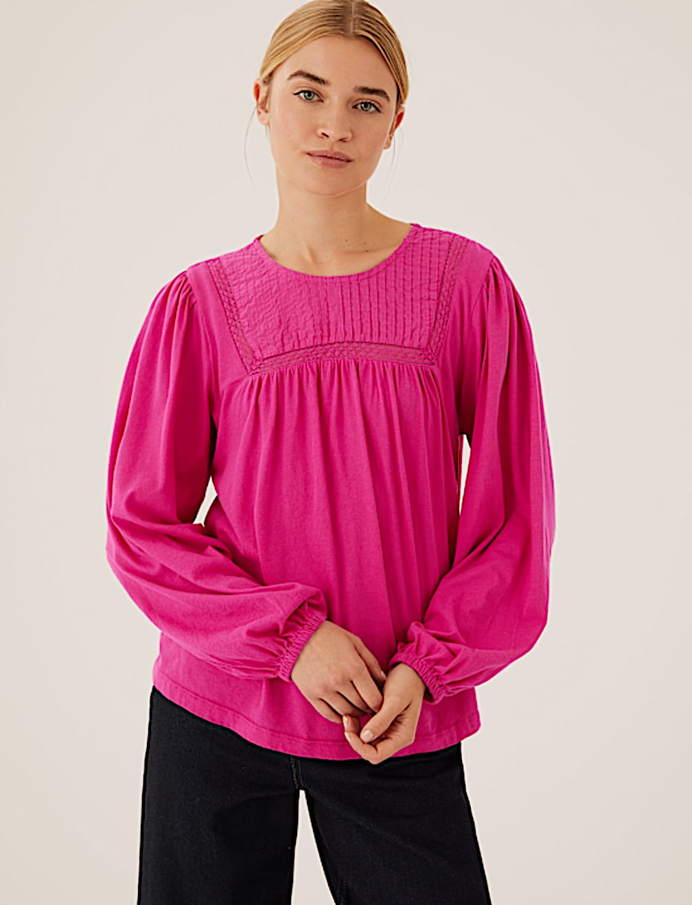 Buy Pure Cotton Lace Insert Long Sleeve Top at Marks & Spencer