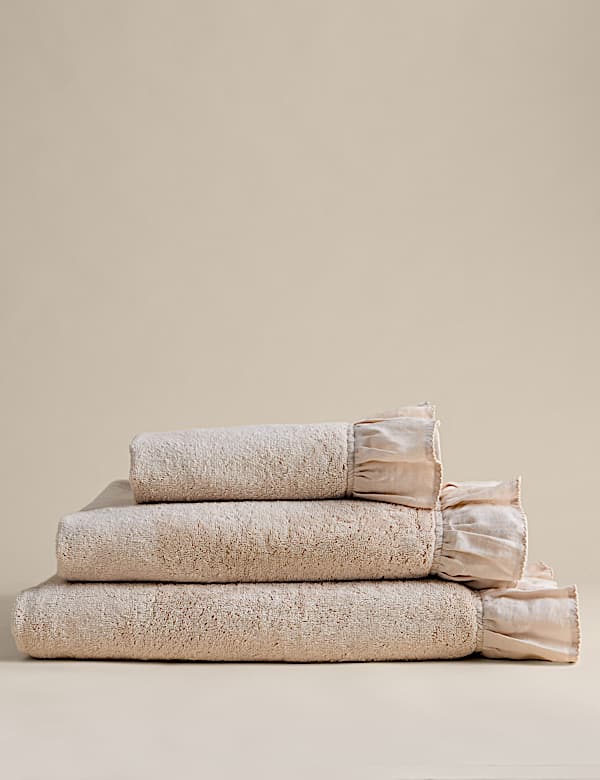 Pure Cotton Ruffle Towel with Linen Border | LIGHT BUFF | Towels | M&S US
