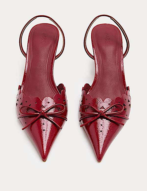 Patent Bow Cut Out Kitten Heel Pointed Slingback Shoes | RED | Shoes ...