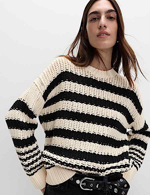 Cotton Rich Striped Relaxed Jumper | BLACK MIX | Jumpers | M&S PT
