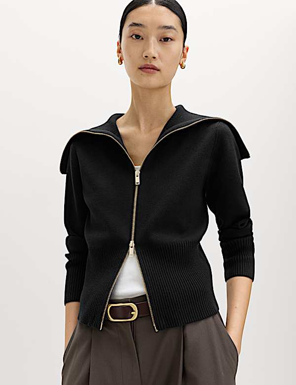 Collared Zip Up Slim Fit Knitted Jacket | BLACK | Cardigans | M&S AU