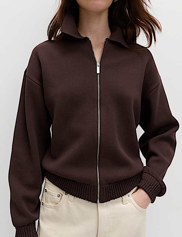Zip Up Knitted Collared Bomber Cardigan | BROWN | Jackets | M&S CA