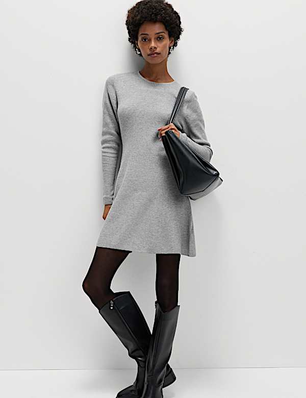 Air-Yarn Ribbed Mini Knitted Dress | MID GREY MARL | Dresses | M&S AU