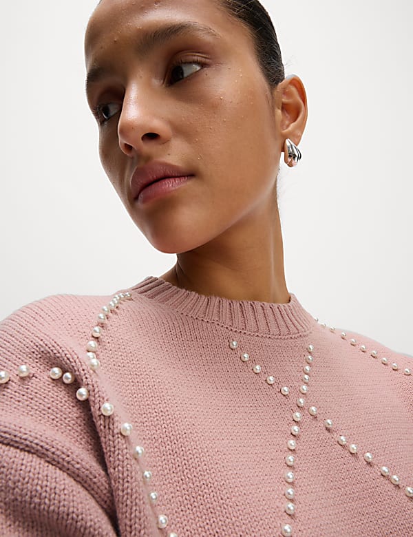Cotton Rich Embellished Crew Neck Jumper | PINK SHELL | Jumpers | M&S SK