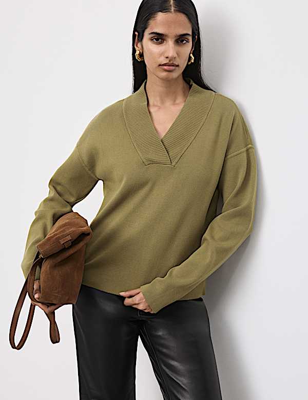 Ribbed Cropped V-Neck Jumper | KHAKI | Jumpers | M&S JP