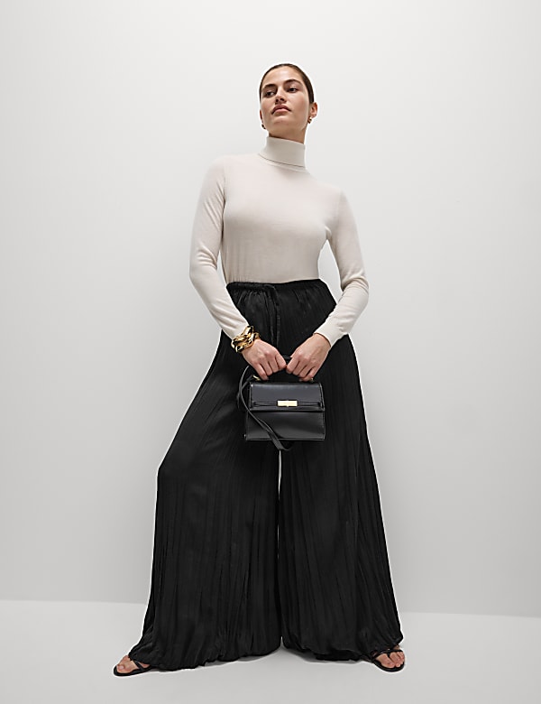 Satin Crinkle Drawstring Wide Leg Trousers Black Trousers Mands Je