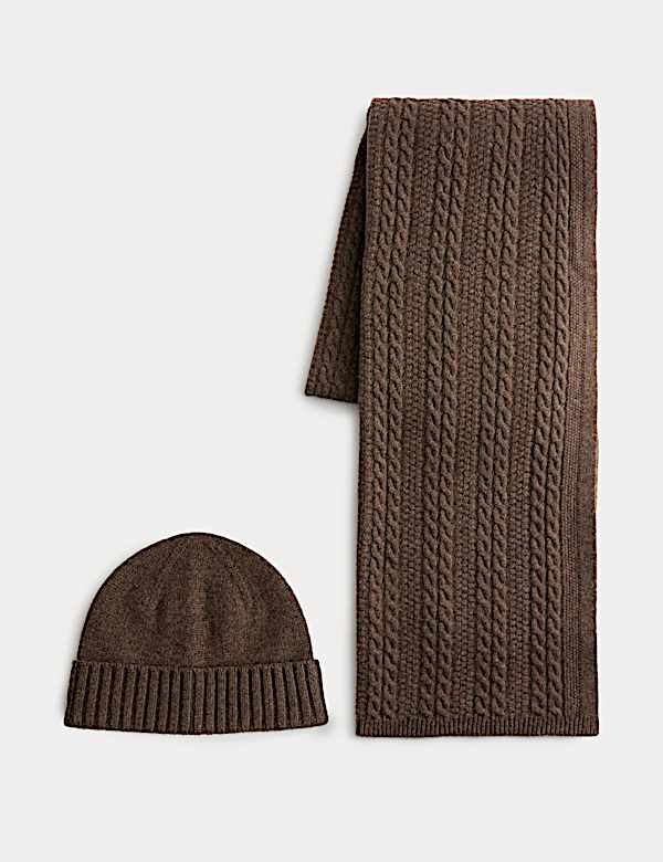 Pure Merino Wool Cable Knit Oversized Scarf & Hat Set | BROWN MIX ...