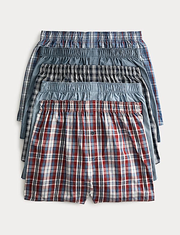 5 Pack Pure Cotton Checked Woven Boxers | BLUE MIX | Boxers | M&S AU