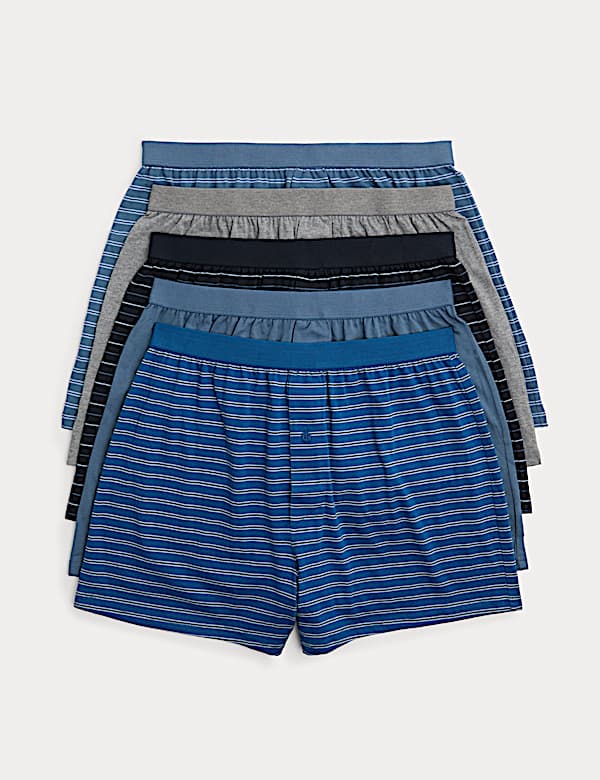5 Pack Pure Cotton Cool & Fresh™ Striped Jersey Boxers | BLUE MIX ...