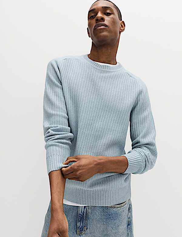 Cotton Blend Textured Crew Neck Jumper | SOFT BLUE | Jumpers | M&S MV