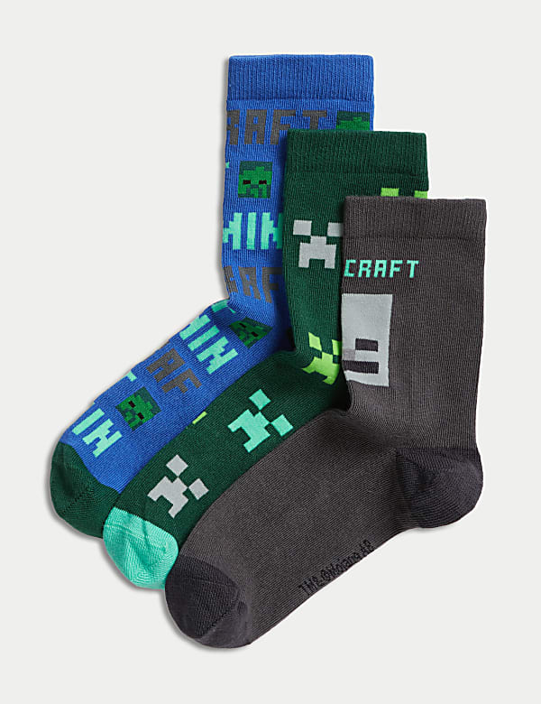 3pk Cotton Rich Minecraft™ Socks | GREEN MIX | Socks | M&S AU