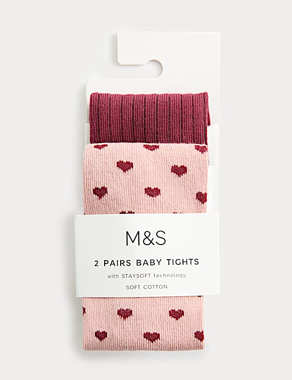 2 Pack Cotton Rich Pink Heart & Ribbed Tights (0-3 Yrs) | PINK MIX ...