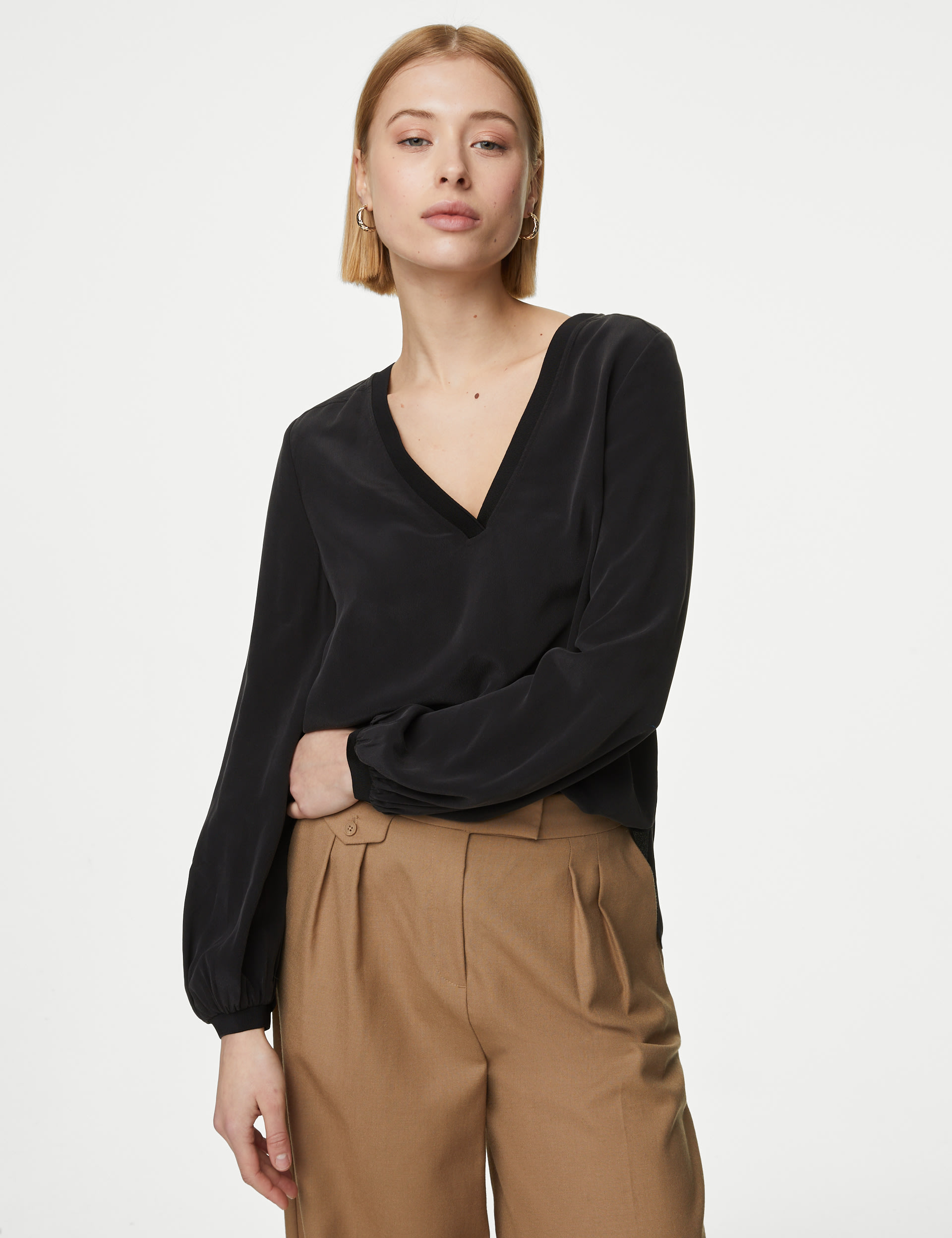 Pure Silk V-Neck Popover Blouse | Autograph | M&S Pure Silk V-Neck Popover Blouse | Autograph | M&S