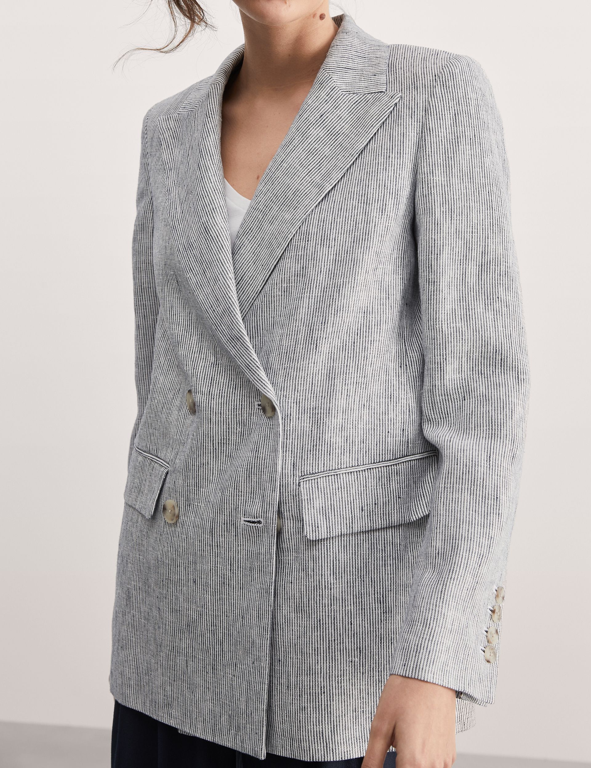 Pure Linen Striped Double Breasted Blazer | JAEGER | M&S