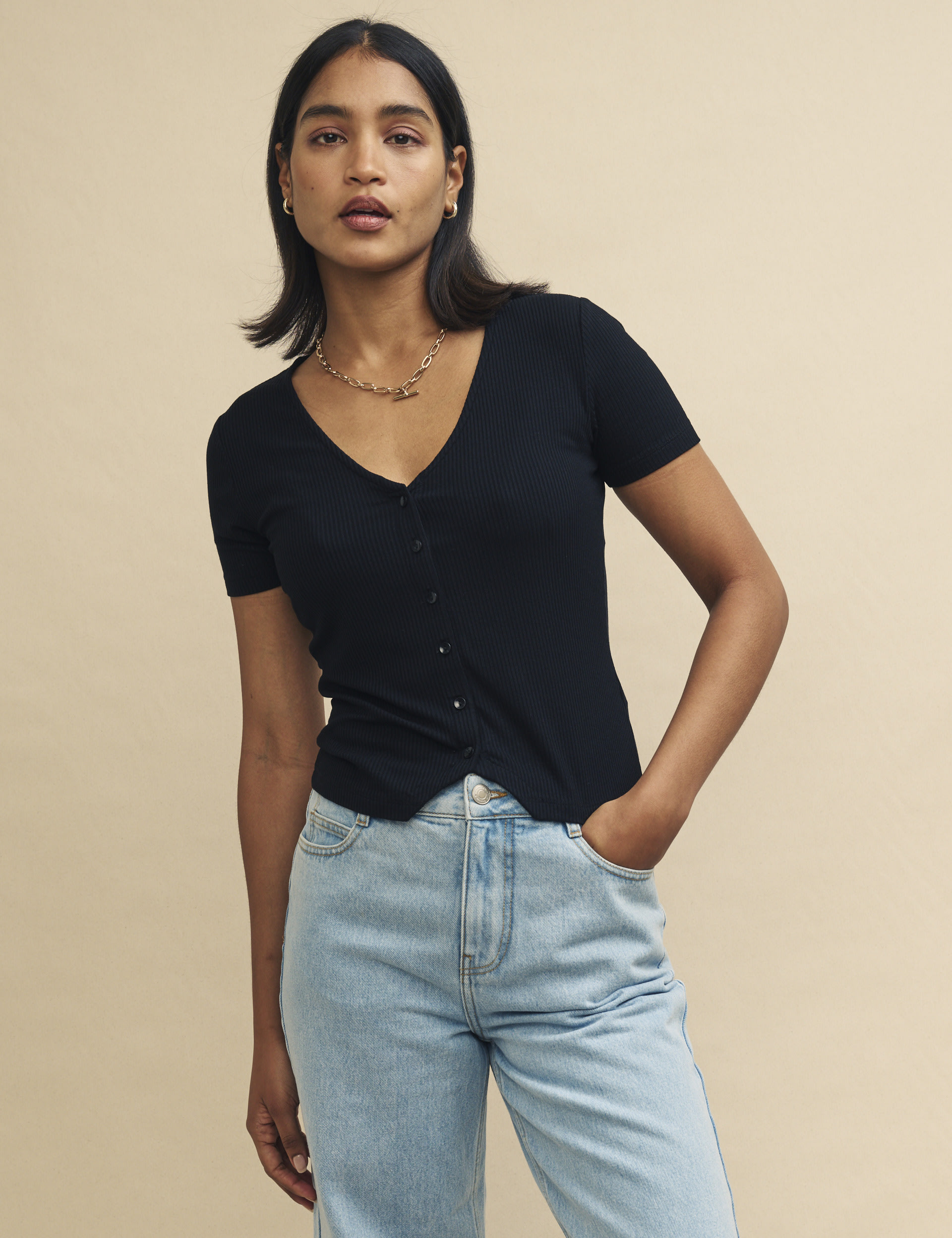 Ribbed V-Neck Button Through Top | Nobody's Child | M&S