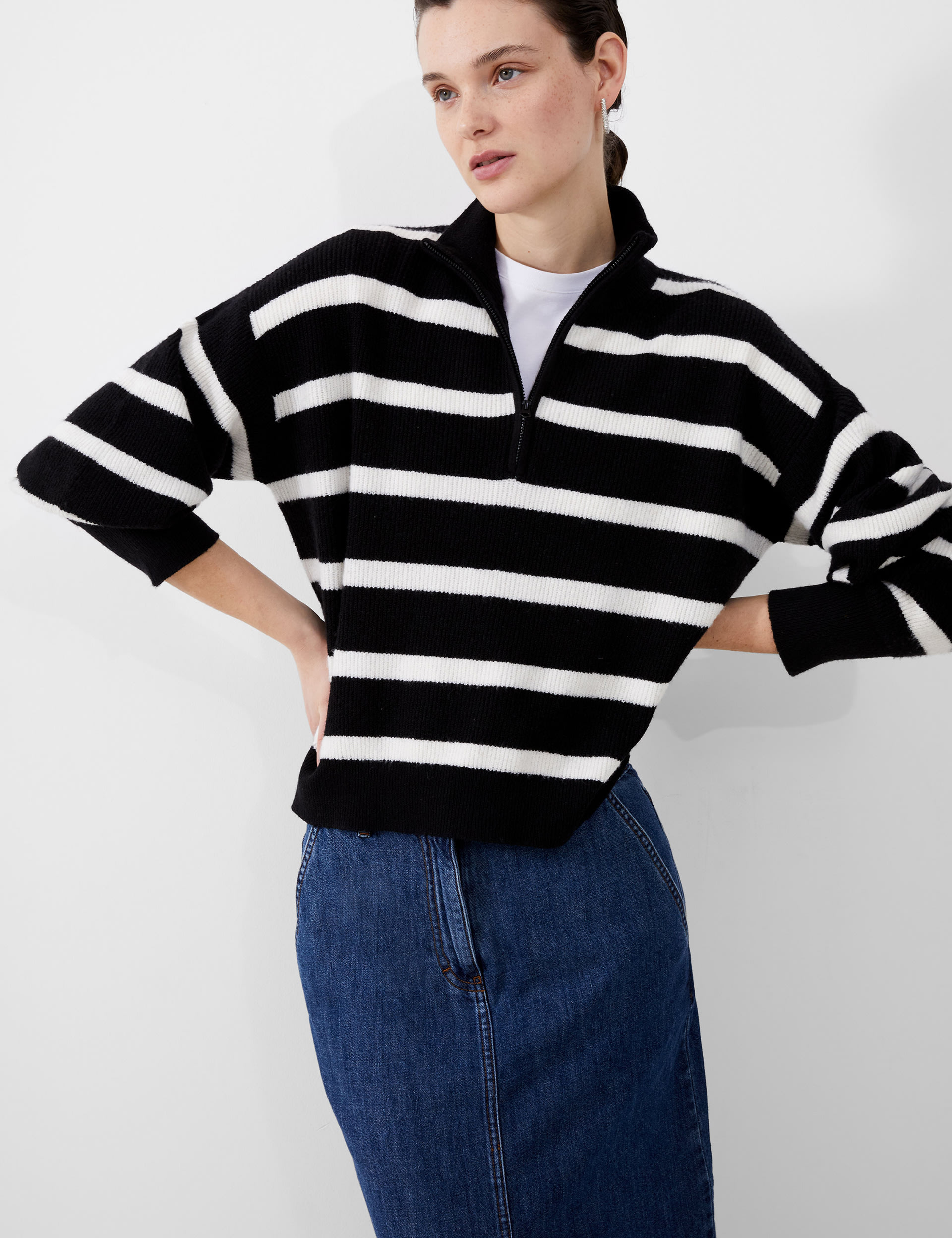 Striped Roll Neck Half Zip Jumper with Wool | French Connection | M&S