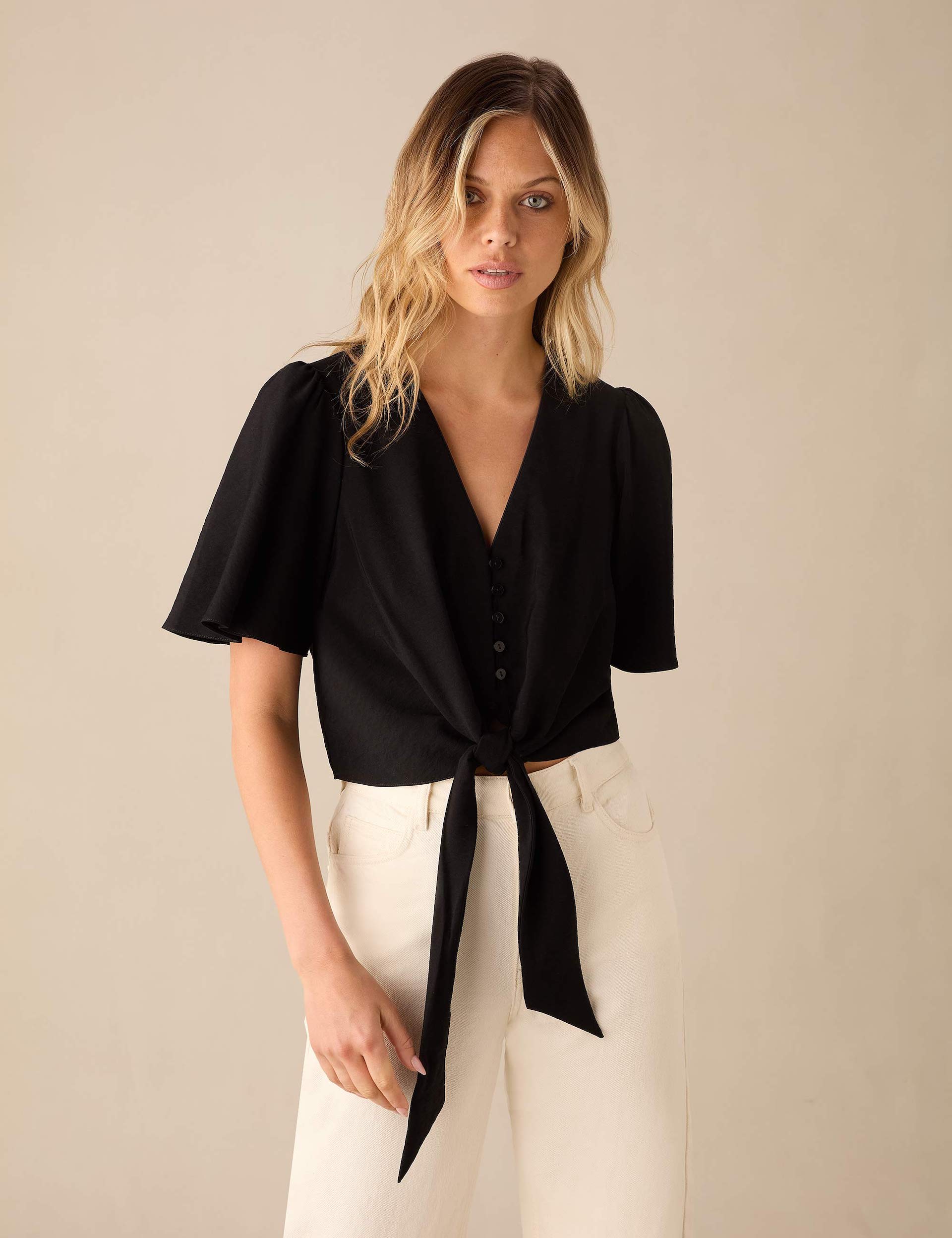 V-Neck Tie Front Angel Sleeve Top | RO&ZO | M&S