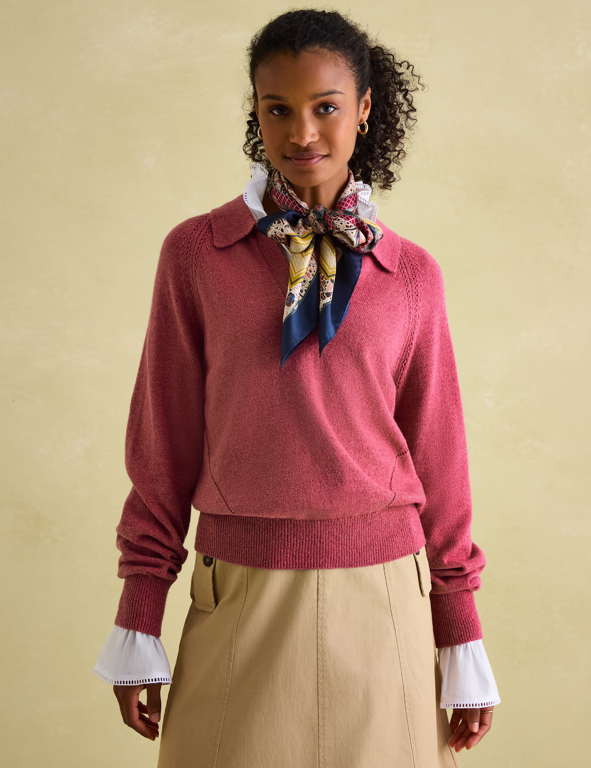 Pointelle Collared V-Neck Jumper with Wool | Joules | M&S