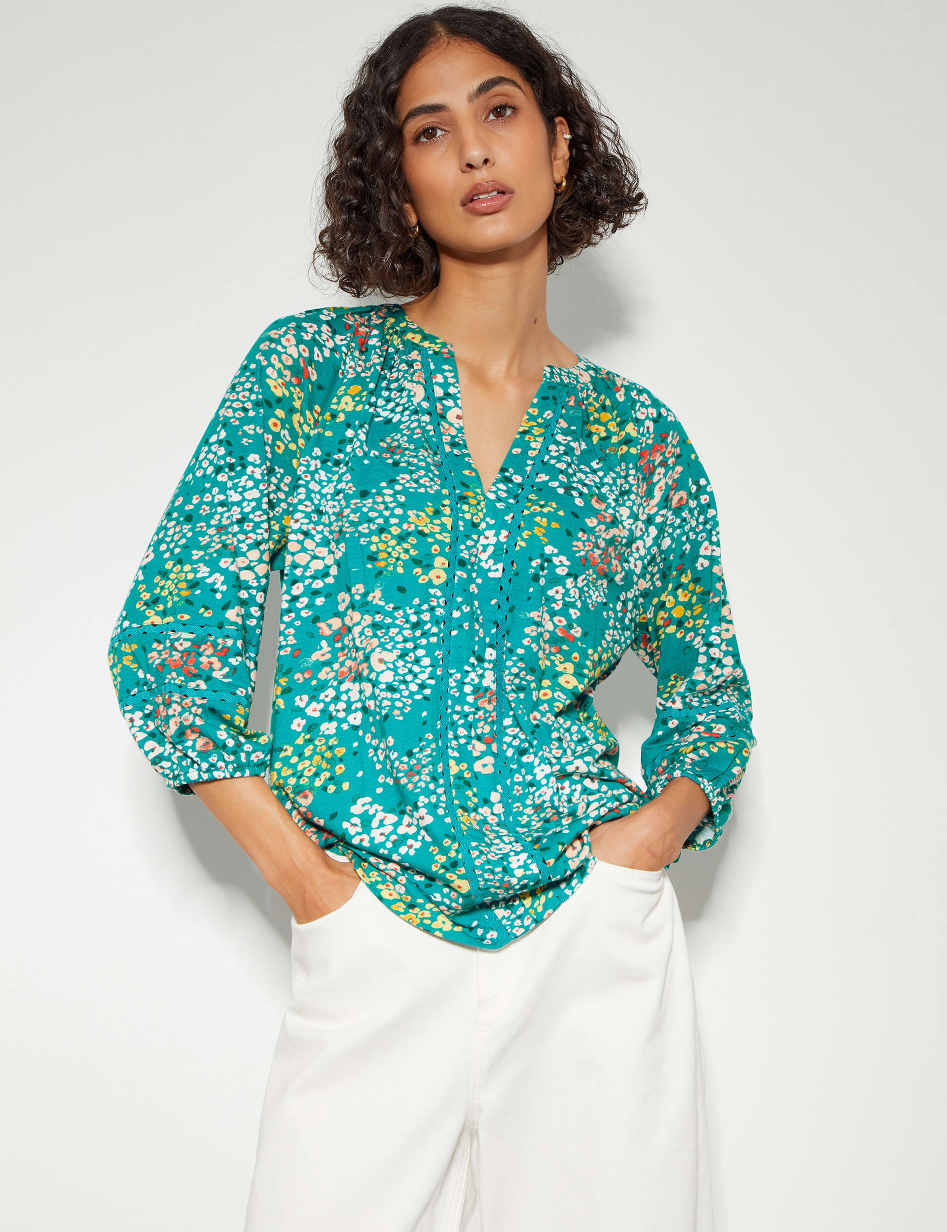 Cotton Rich Jersey V-Neck Floral Top | Monsoon | M&S