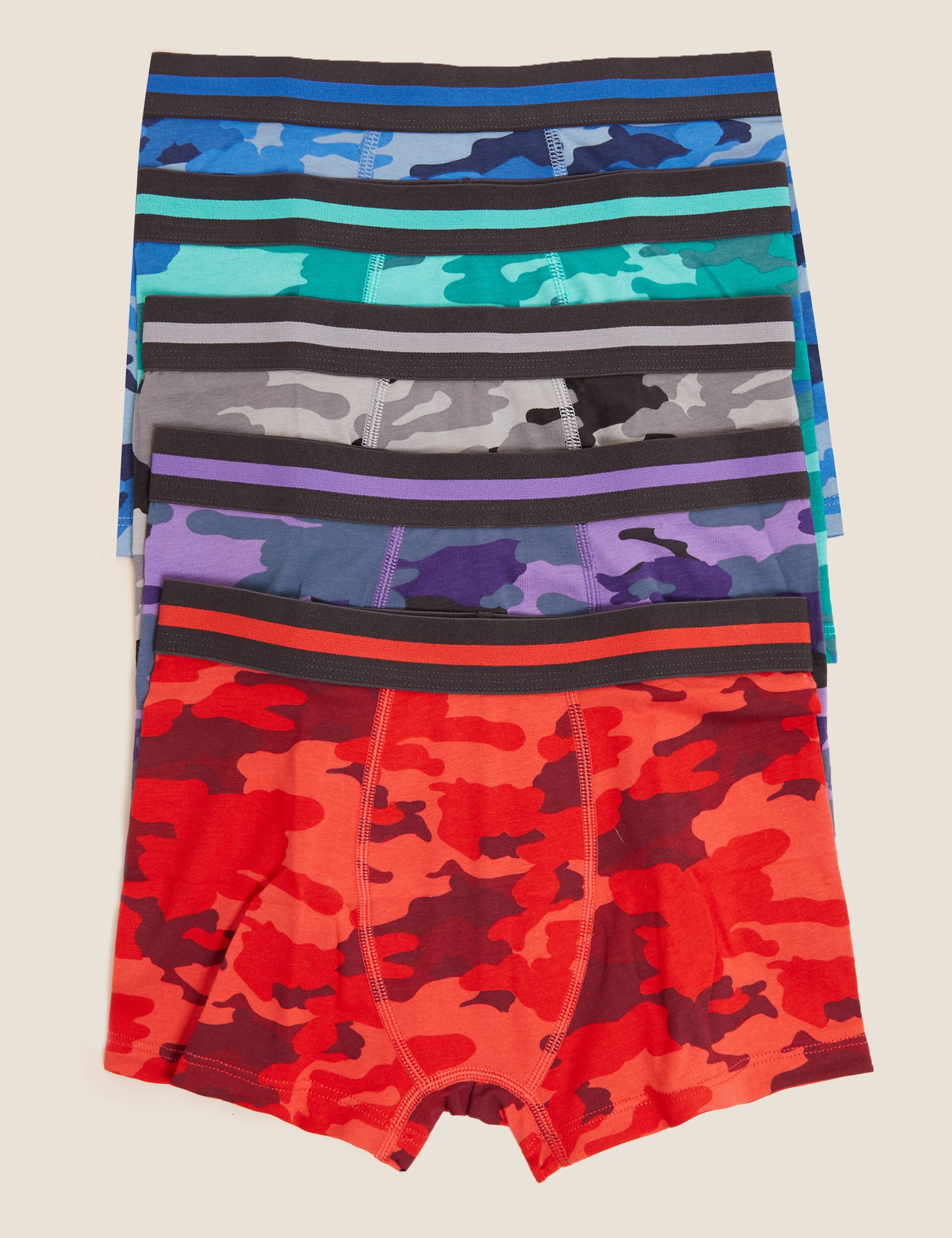 5pk Cotton with Stretch Camouflage Trunks (2-16 Yrs) | M&S IE